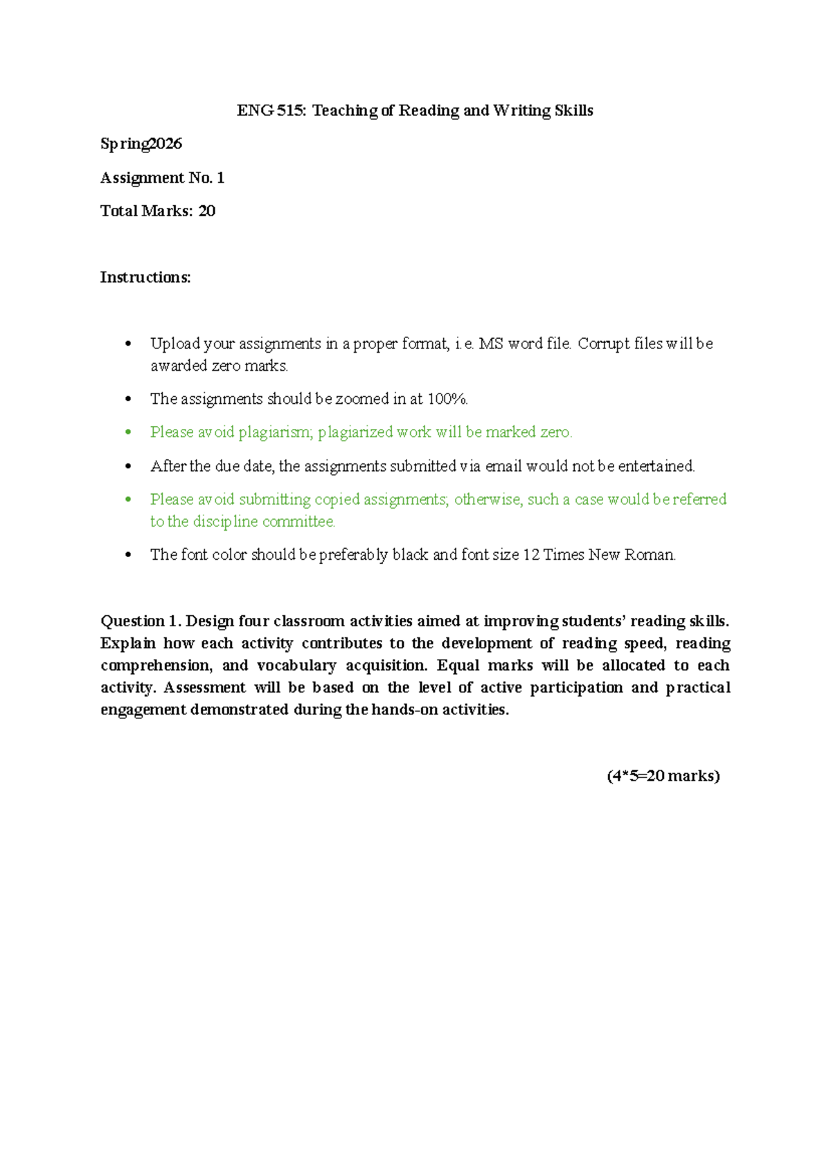 ENG 515: Spring 2026 Assignment 1 - Classroom Activities for Reading ...