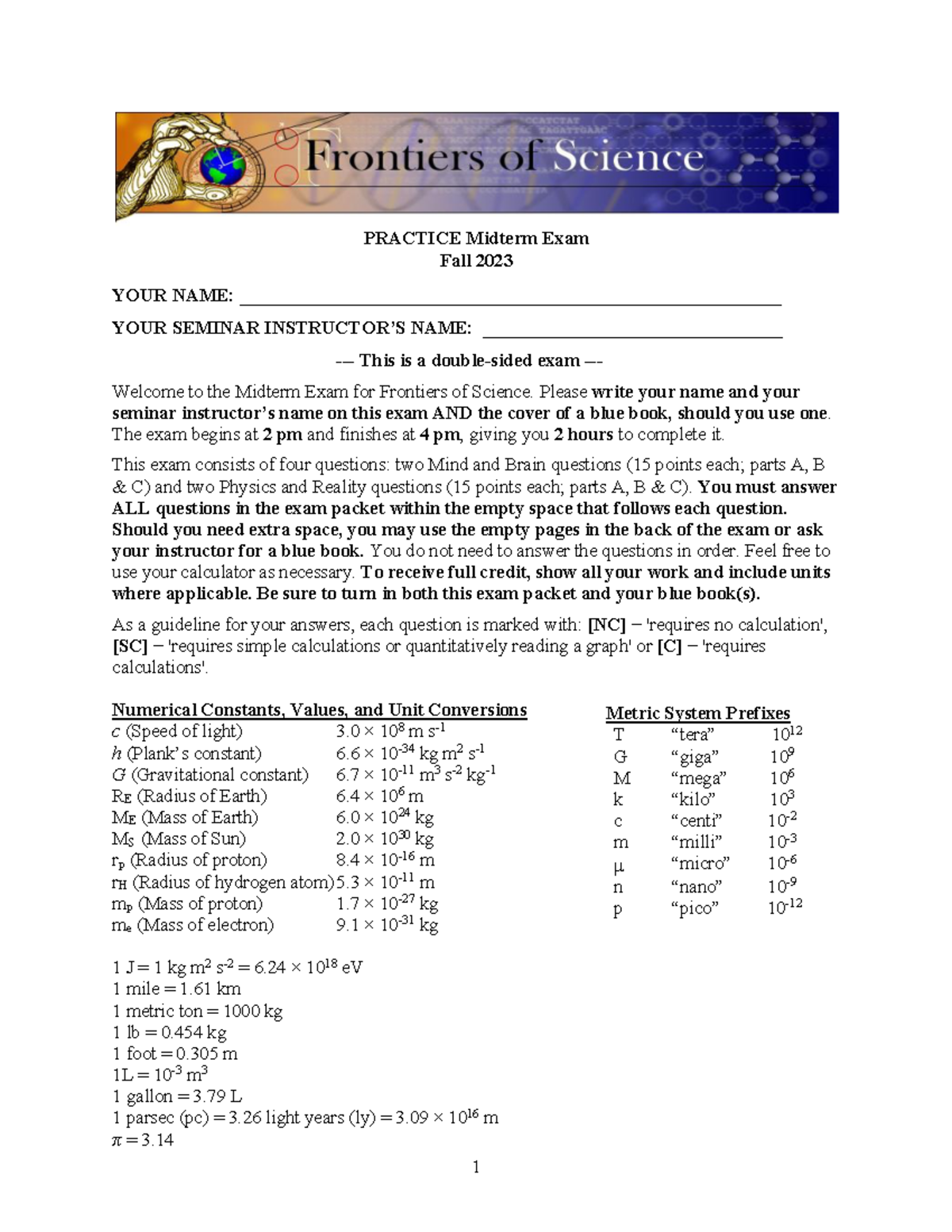 Midterm Practice Exam for Frontiers of Science - Fall 2023 - Studocu