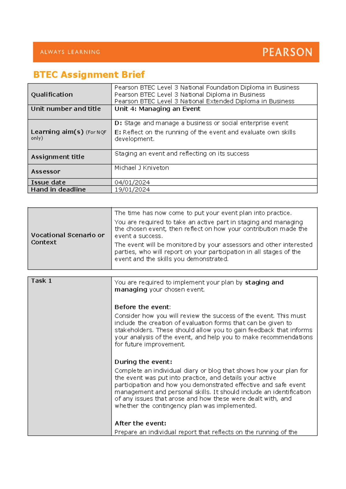 Unit 4 A3 Assignment Brief - Learning Outcome D-E - BTEC Assignment Brief Qualification Pearson ...