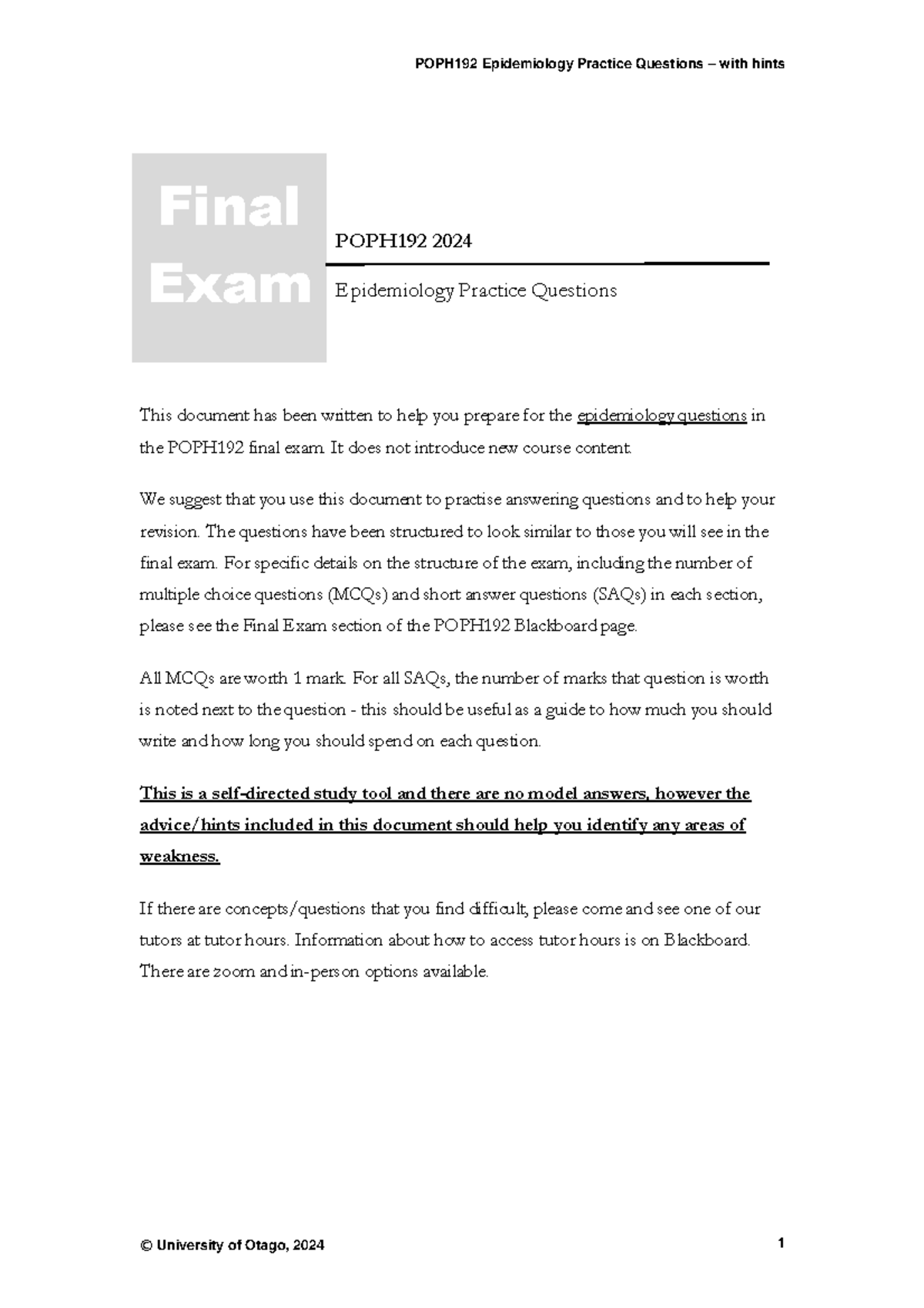 Epidemiology Practice Questions (POPH192) - Final Exam Prep 2024 - Studocu