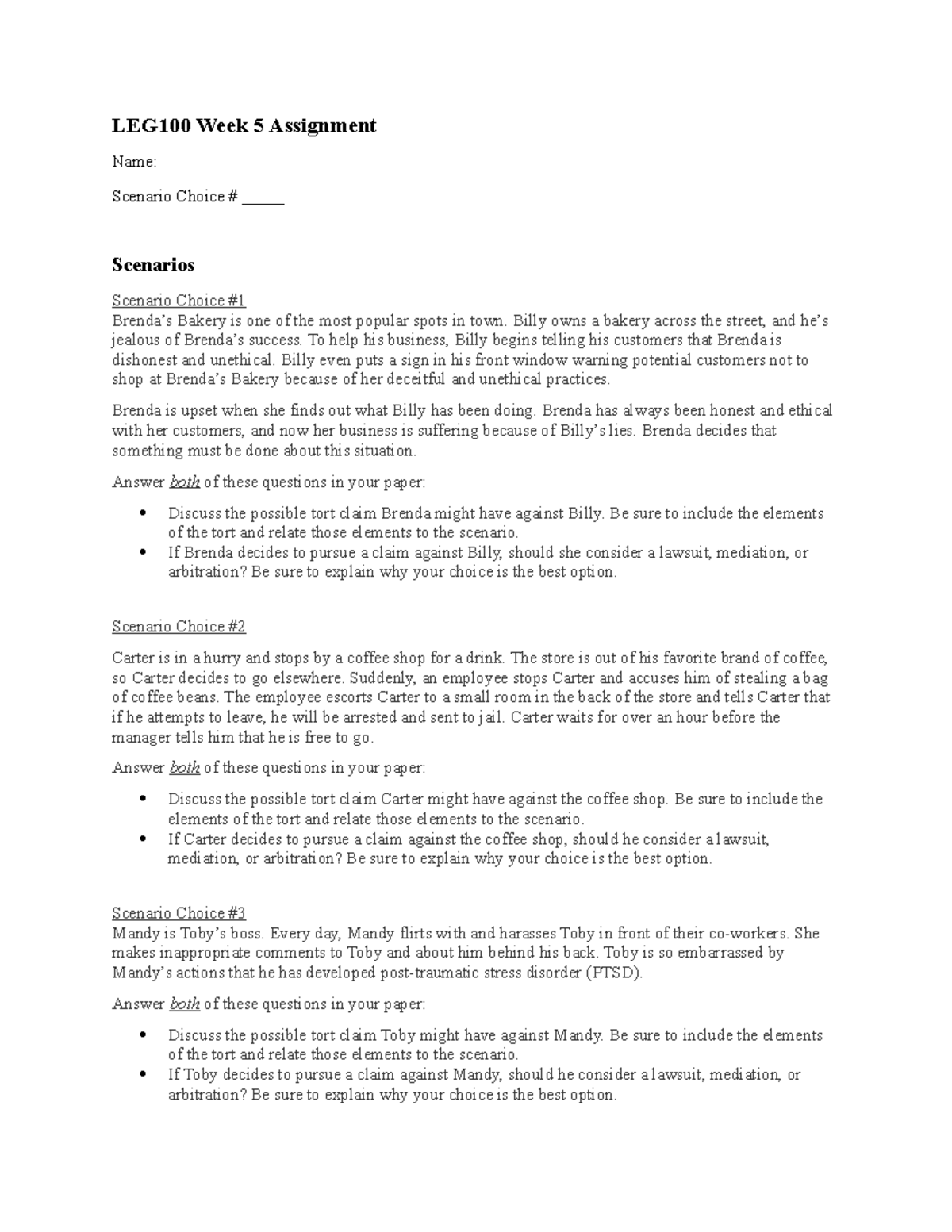 LEG100 Week 5 Assignment: Tort Claims & Legal Options Analysis - Studocu