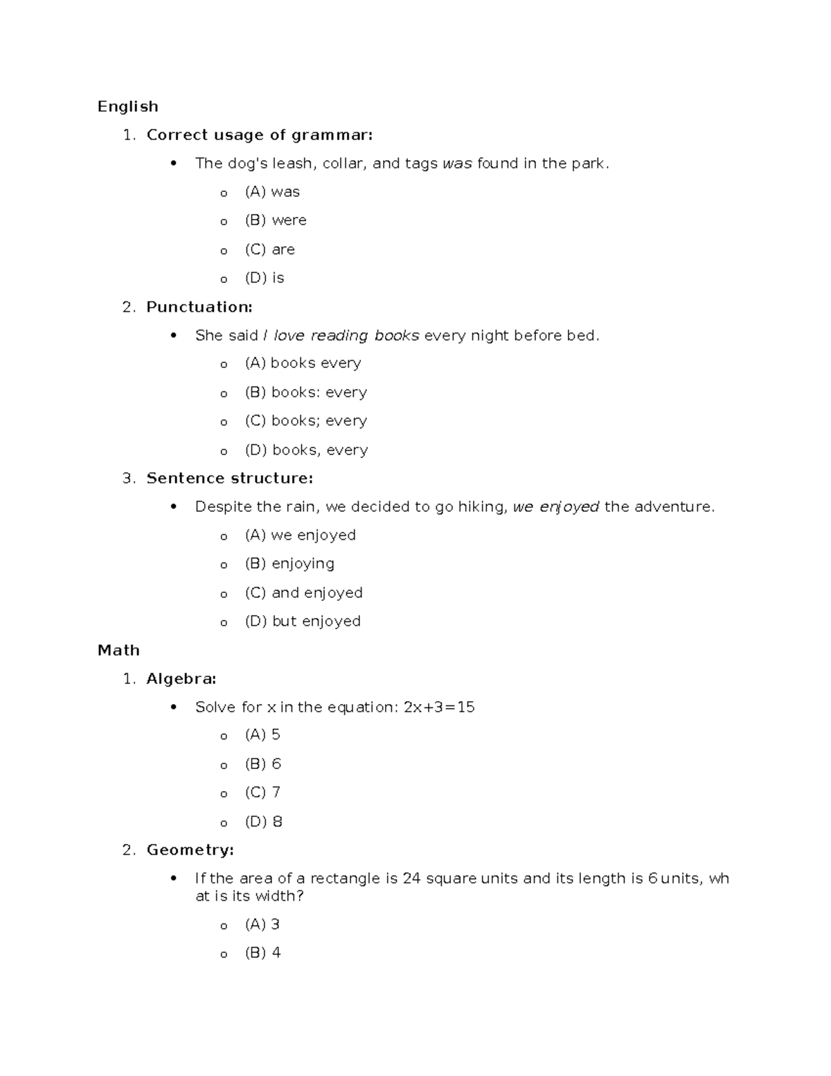 ACT Practice Questions: English, Math, Reading, Science Review - Studocu