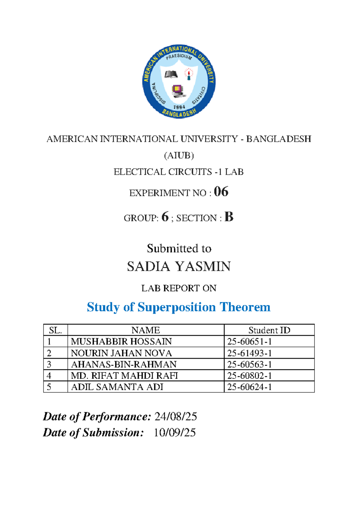 AIUB ELCT 202 Lab Report: Superposition Theorem Experiment No. 06 - Studocu