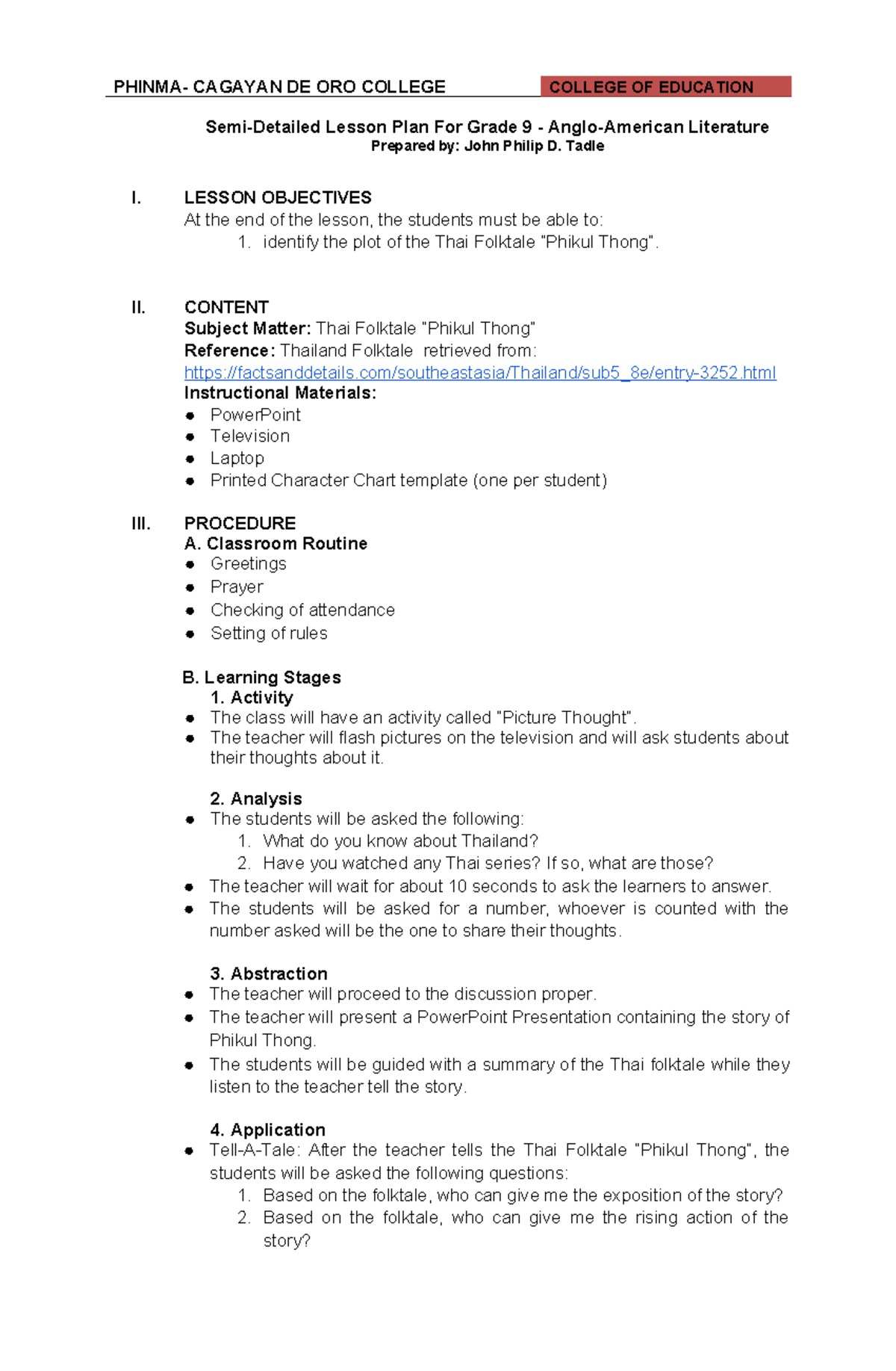 THAI LIT Lesson Plan: Exploring the Folktale "Phikul Thong" for Grade 9 ...