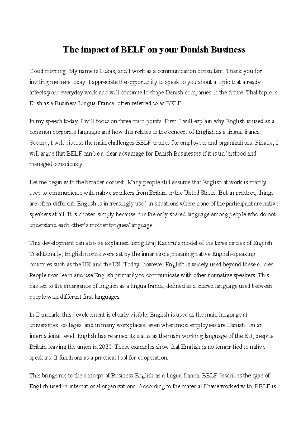 English Assignment - The Impact of BELF on Danish Businesses - Studocu