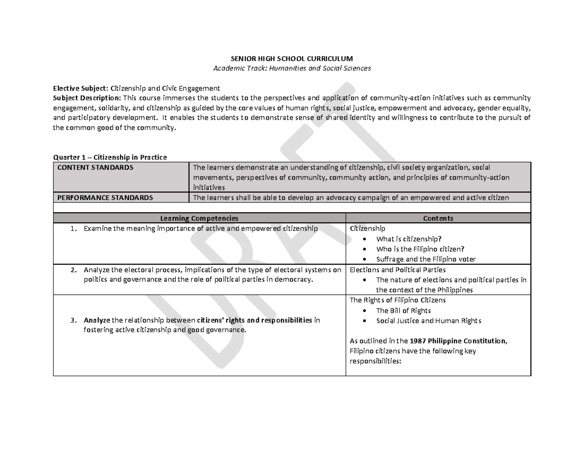 Citizenship and Civic Engagement: Senior High School Curriculum - Studocu