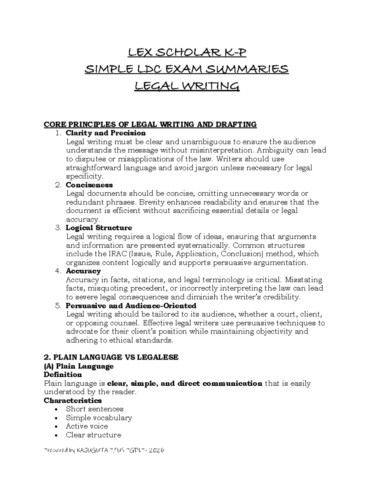 LEX 2026: Core Principles of Legal Writing & Drafting Exam Summary ...