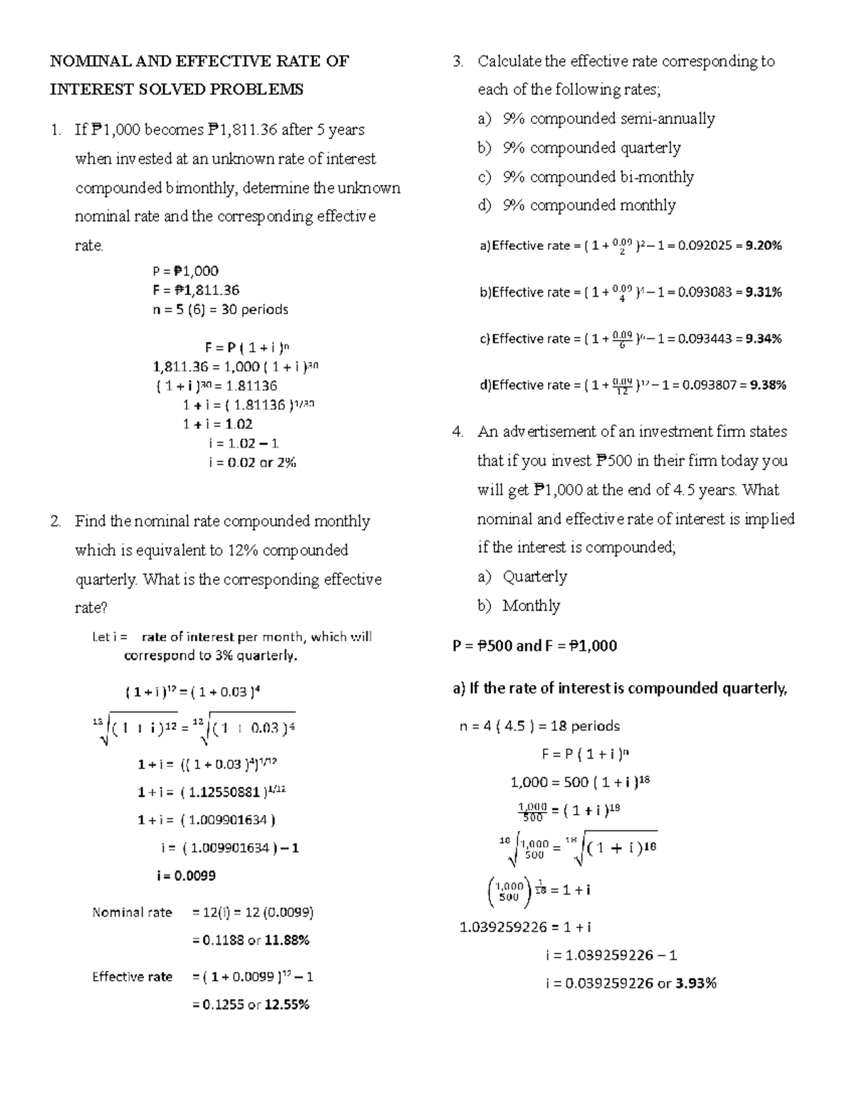 Nominal & Effective Interest Rates: Solved Problems & Examples - Studocu