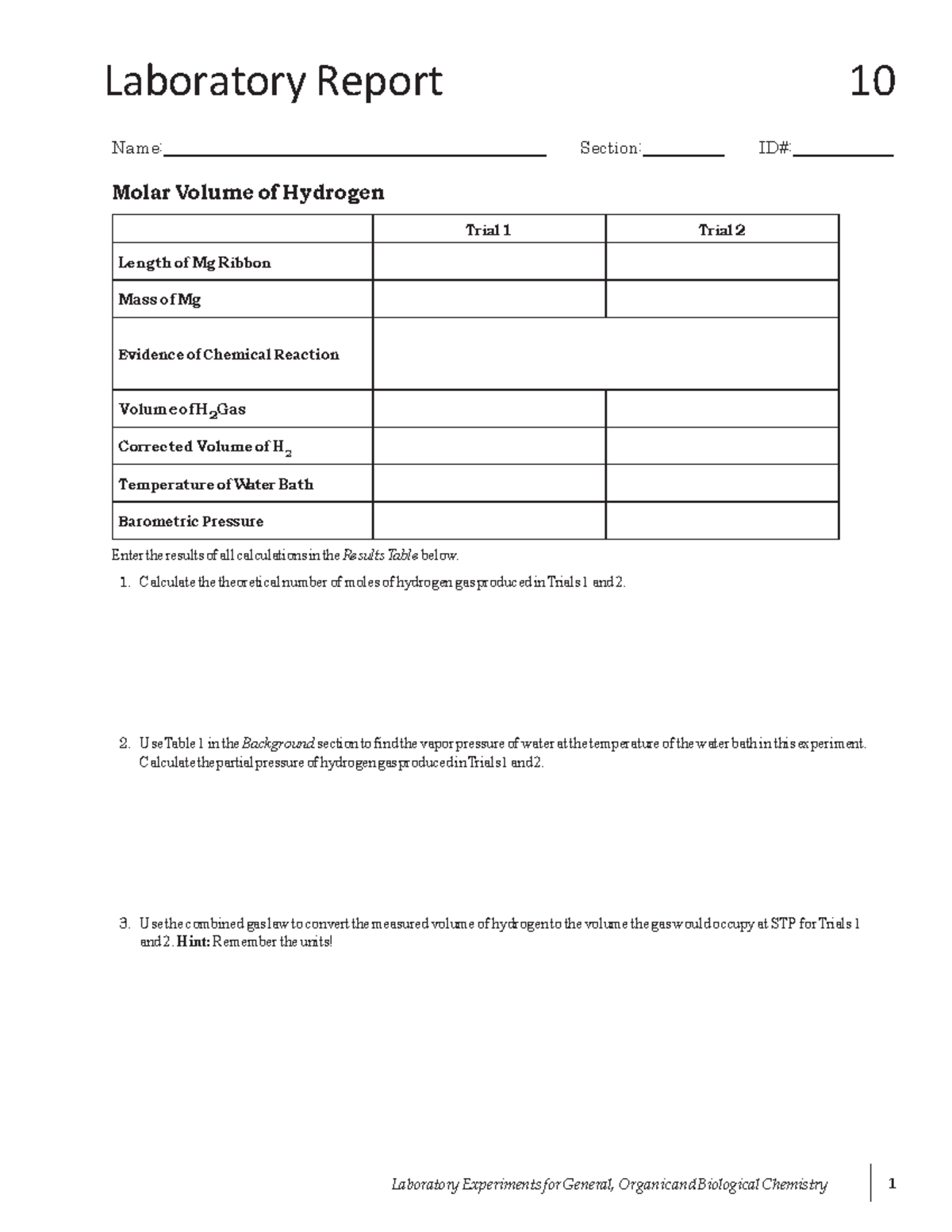 Laboratory Report 10: Molar Volume of Hydrogen Analysis - Studocu