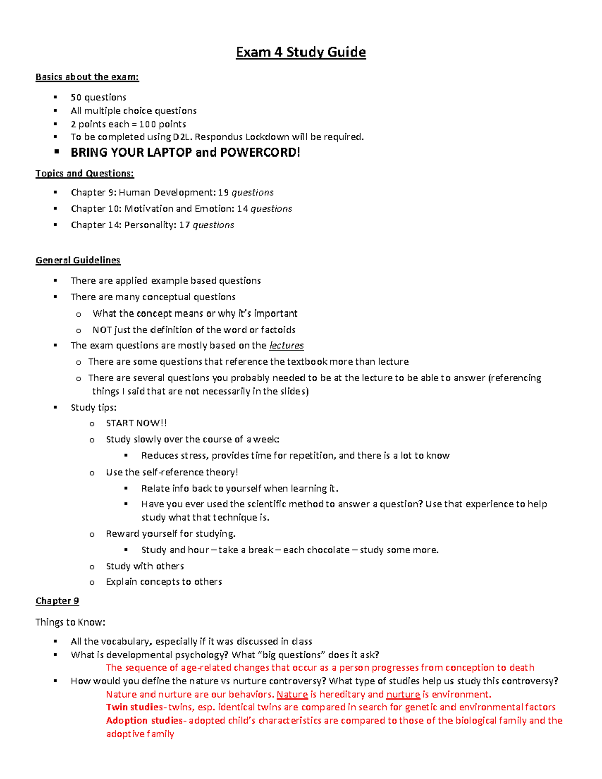 Psychology 101: Exam 4 Study Guide on Development, Motivation & Personality - Studocu