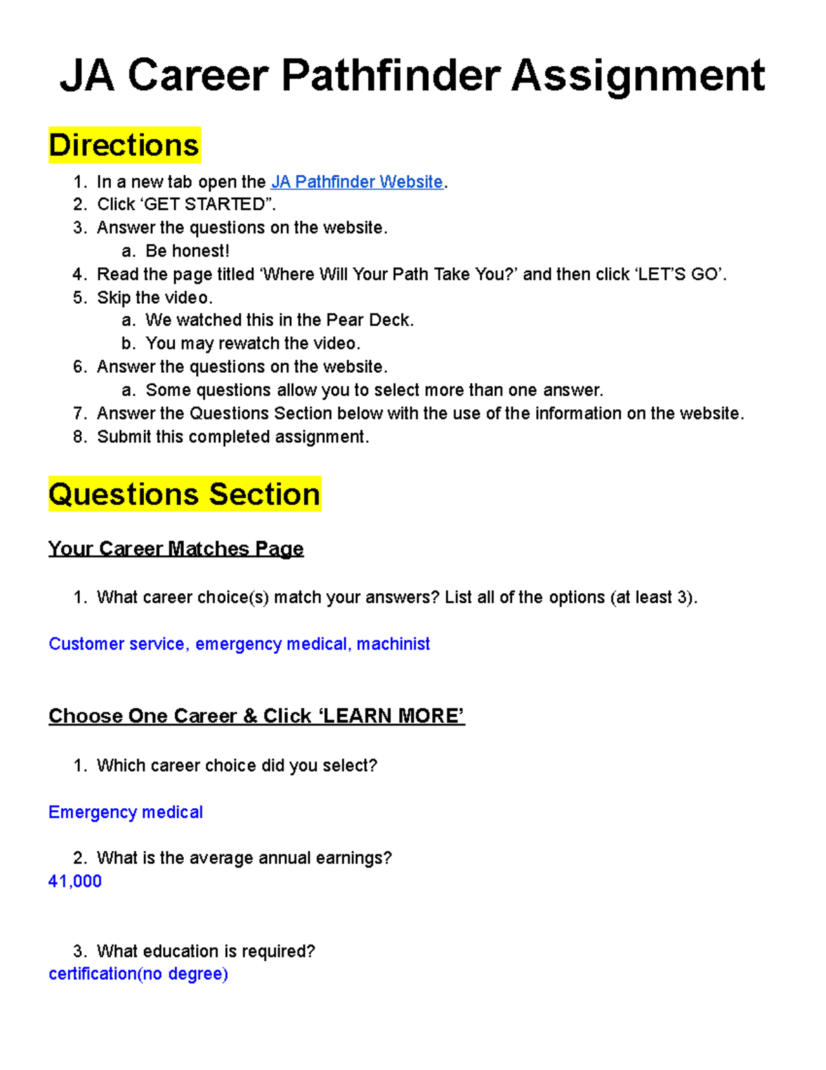 JA Career Pathfinder Assignment: Career Exploration Insights by Kenadee ...
