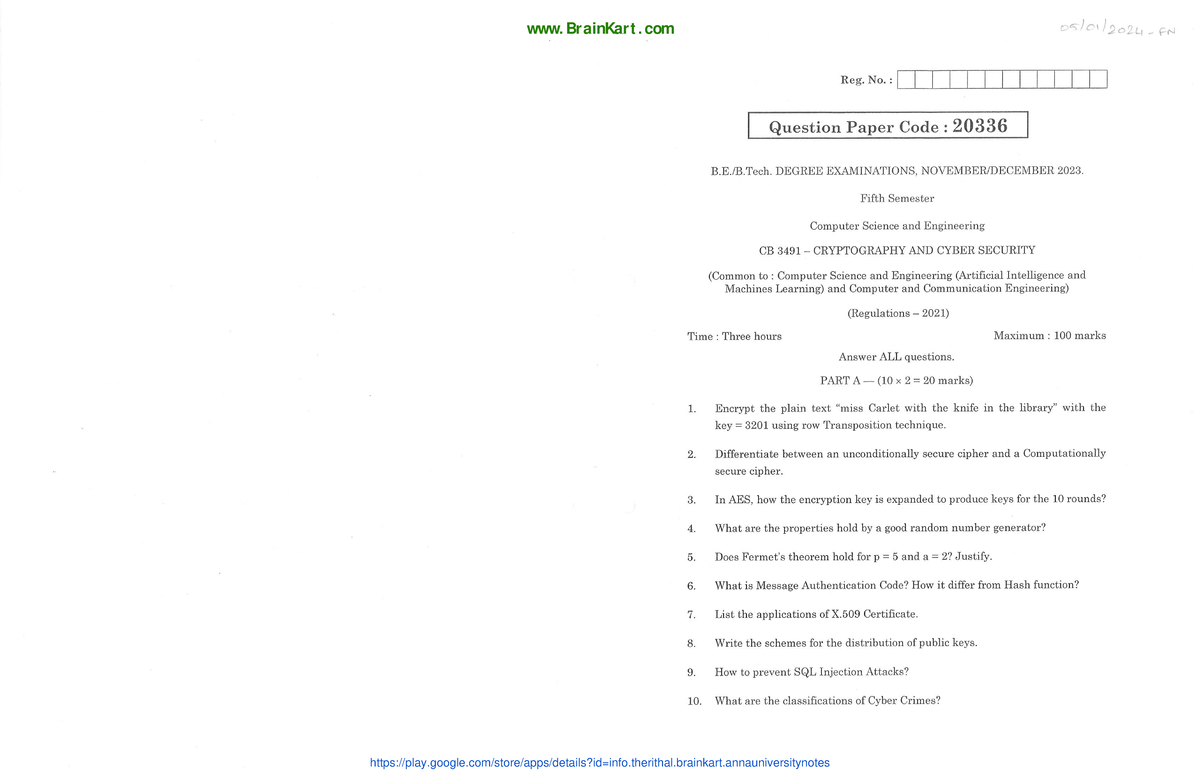 CSE 5th Semester - Cryptography and Cyber Security - CB3491 2021 ...