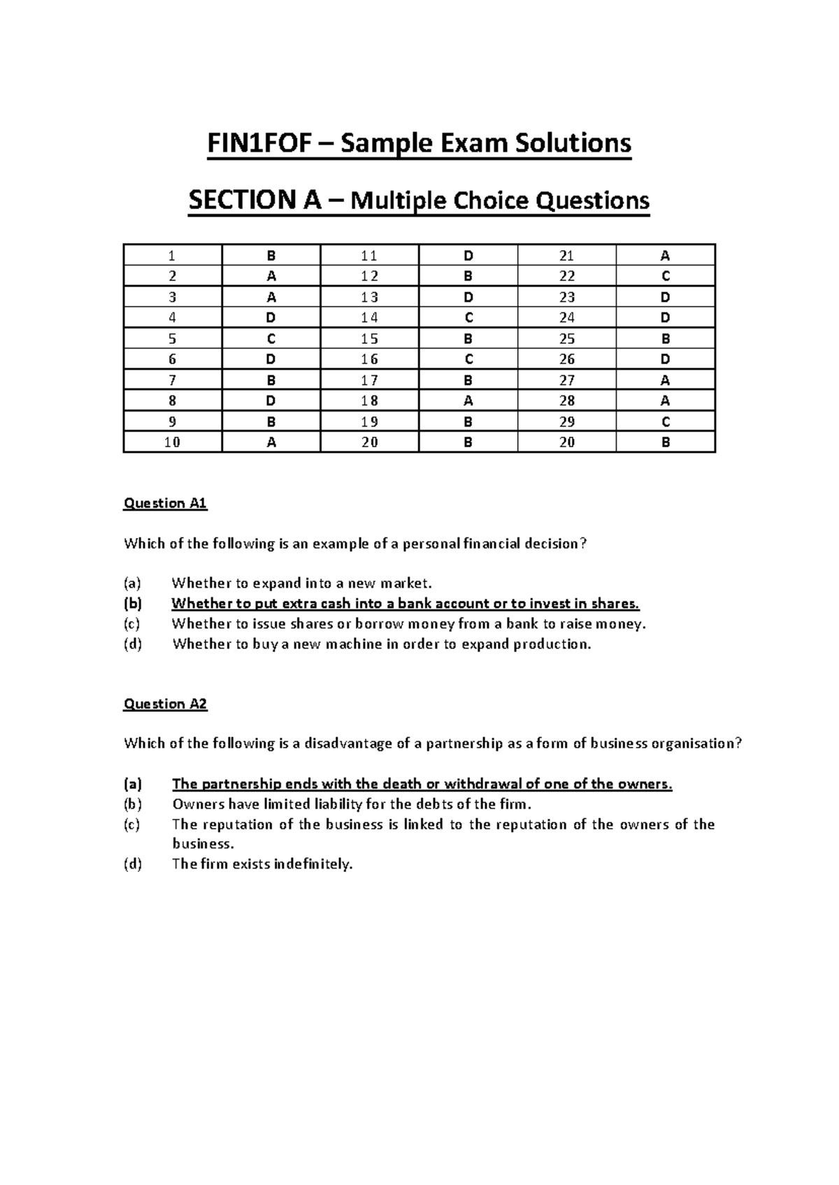 FIN1FOF Sample Exam Solutions - Comprehensive Answer Guide - Studocu