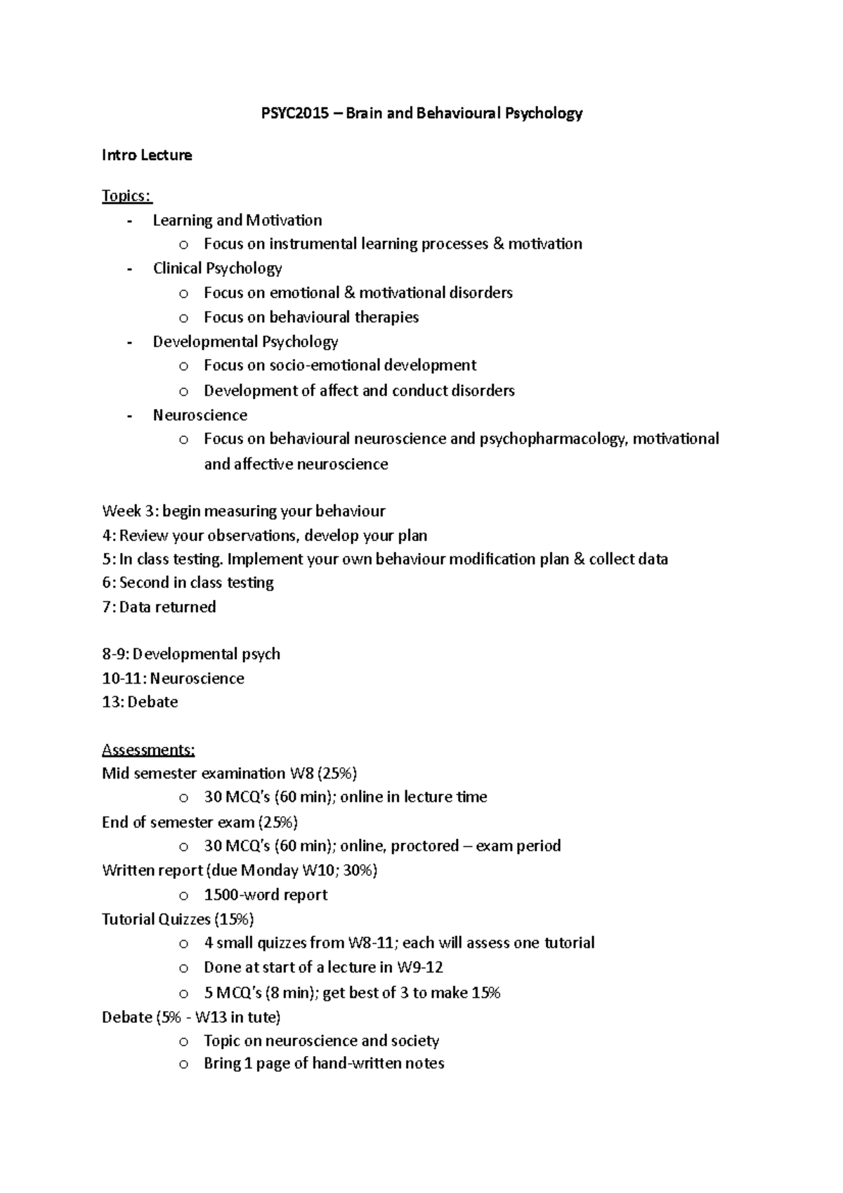 PSYC2015 tutorial work - PSYC2015 – Brain and Behavioural Psychology ...