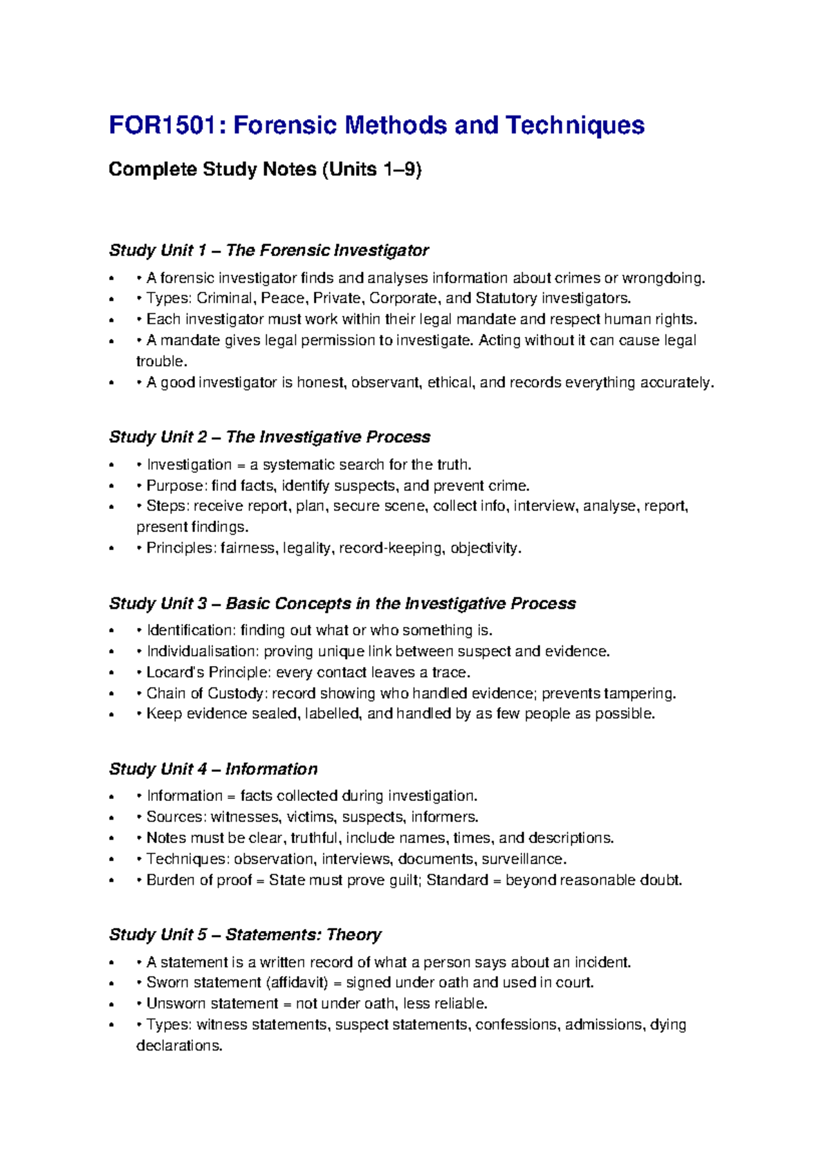 FOR1501: Complete Study Notes on Forensic Methods & Techniques - Studocu