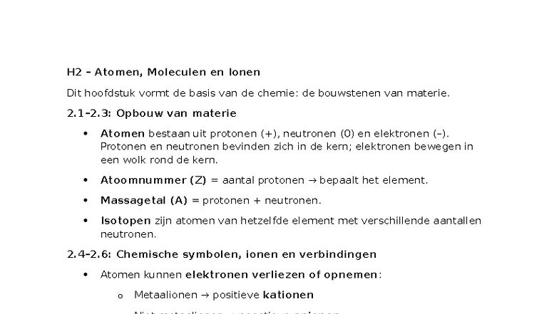 Korte SV Scheikunde: Atomen, Moleculen en Ionen (H2) - Studeersnel