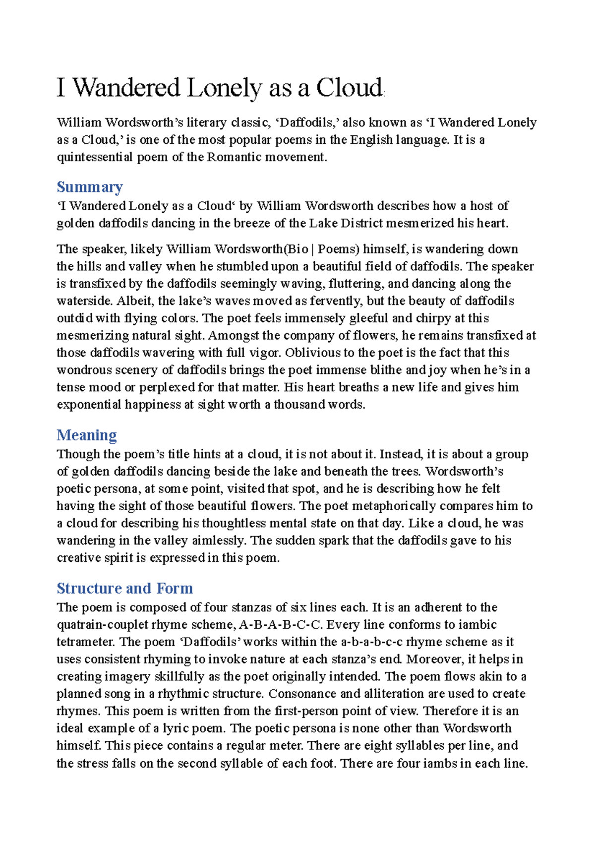 Wordsworth's Poetry Analysis: "I Wandered Lonely as a Cloud" & More ...