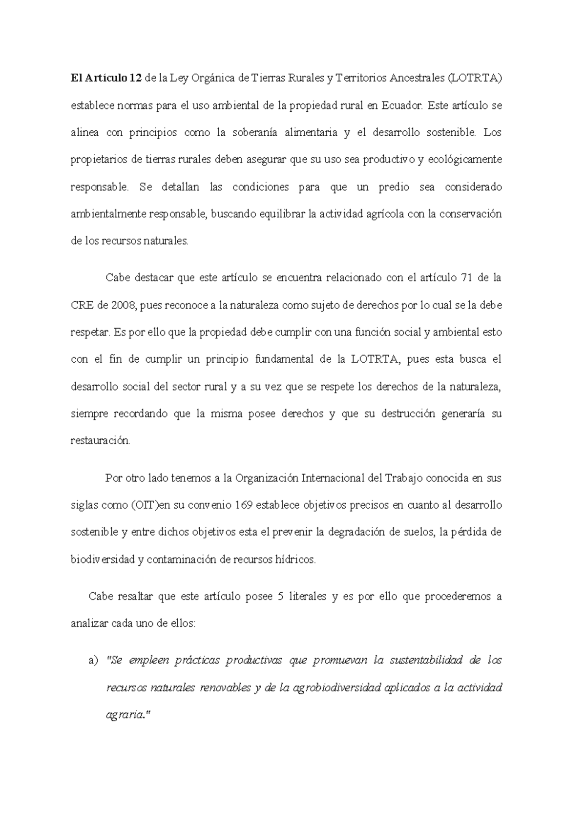 Trabajo Grupal DE Agrario: Análisis de la LOTRTA y su Impacto Ambiental ...