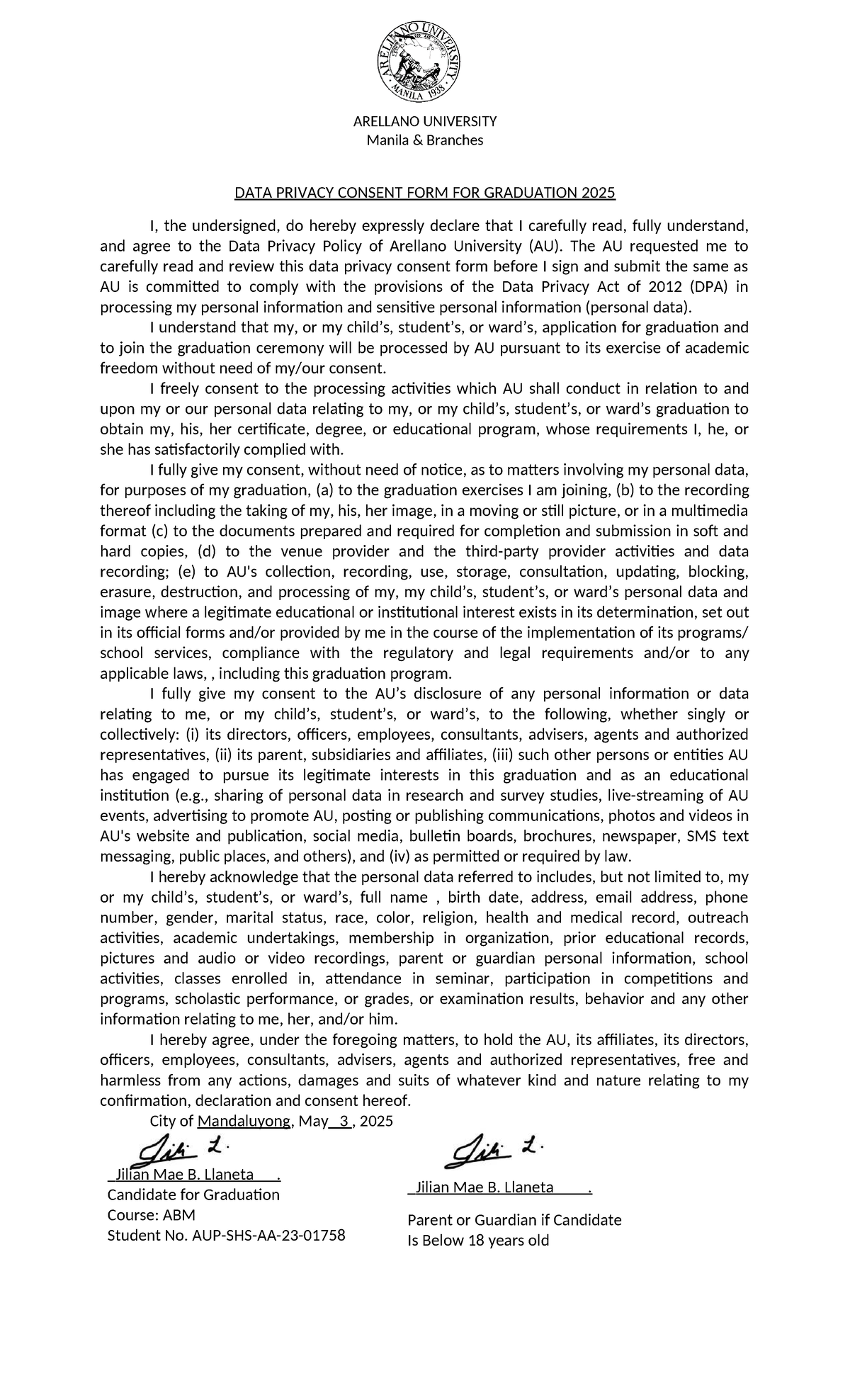 Data Privacy Consent Form for Graduation 2025 - Arellano University ...
