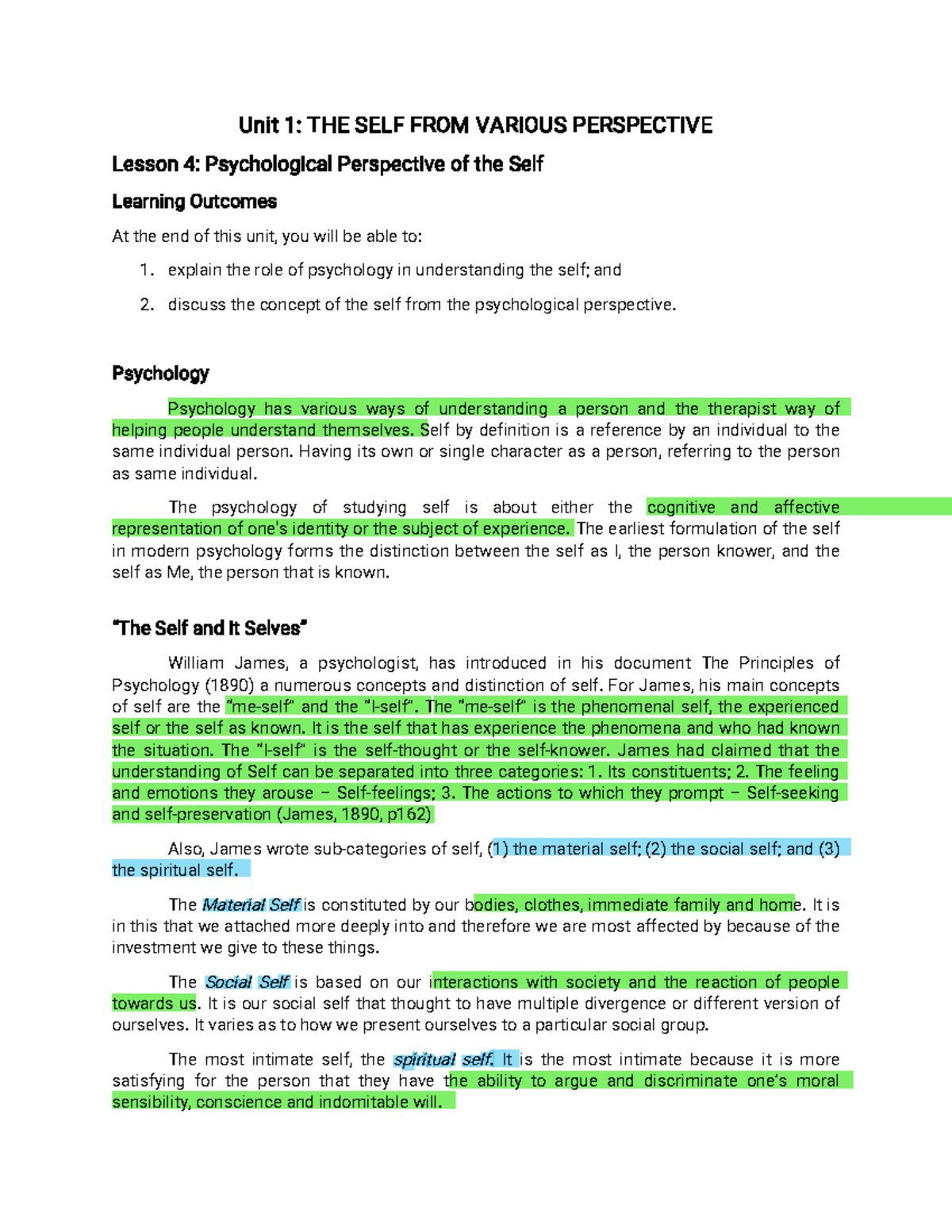 Lesson 4: The Self from Various Perspectives (GE1) - Notes - Studocu