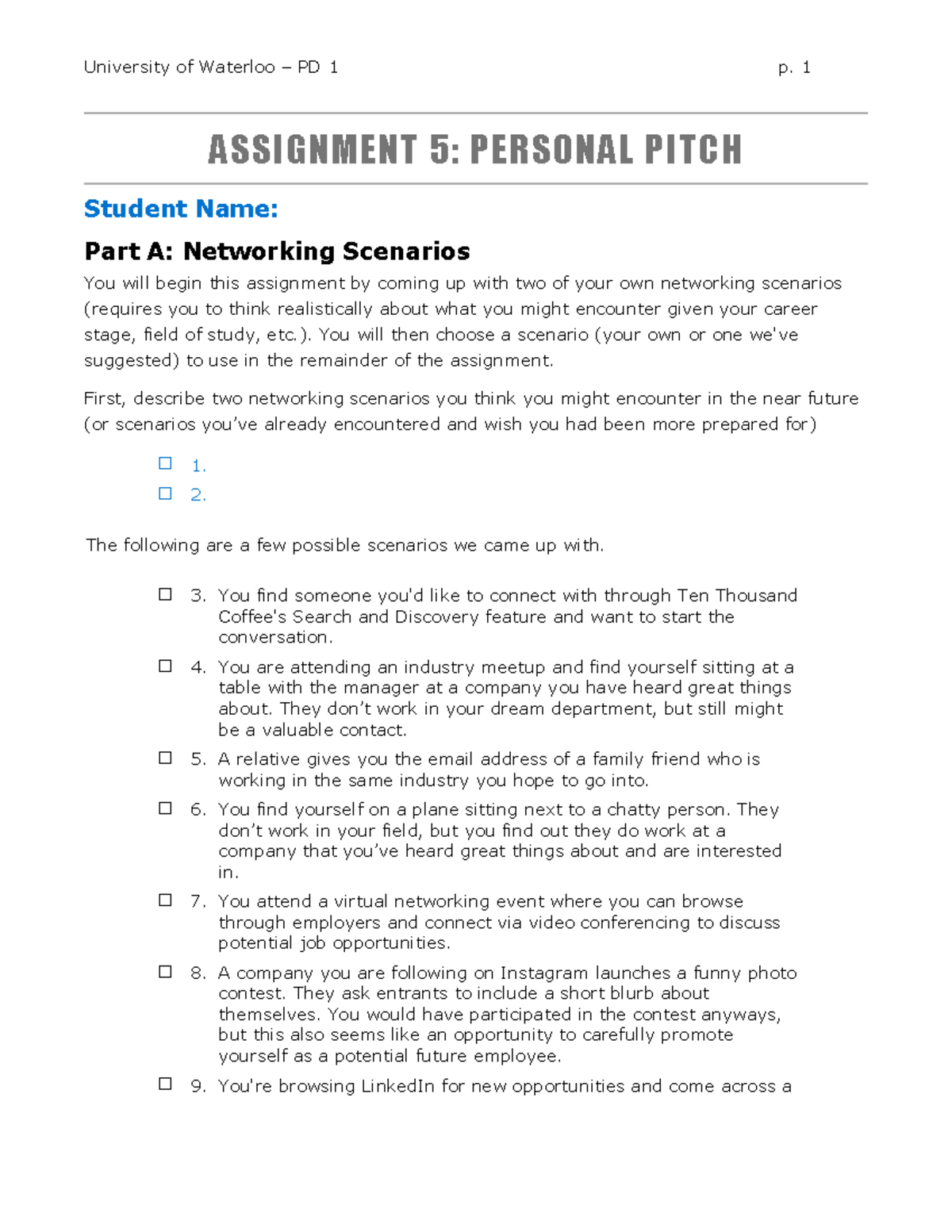 University of Waterloo PD 1: Assignment 5 - Personal Pitch Scenarios ...