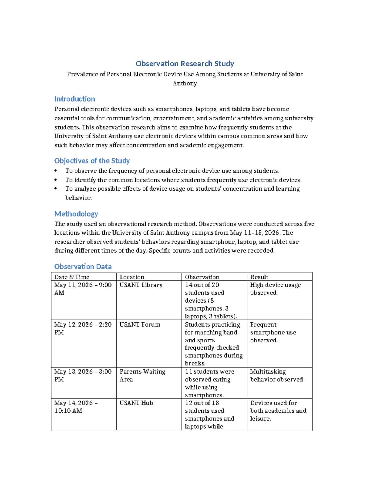 Observation Research Study: Personal Electronic Device Use at USANT ...