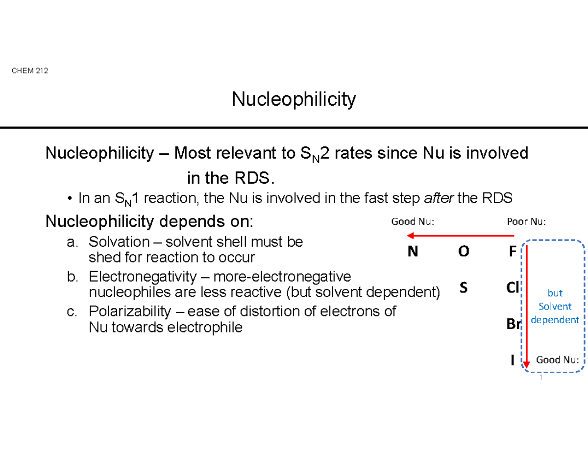 CHEM 212 - 7 Nucleophilicity and Substitution Reactions - Nucleophilicity Nucleophilicity – Most ...