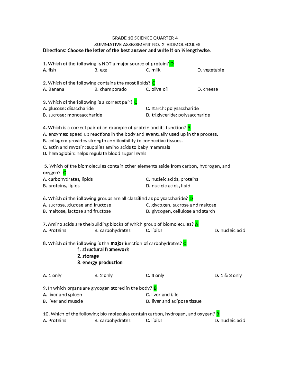 Grade 10 Science: Summative Assessment 2 on Biomolecules - Studocu
