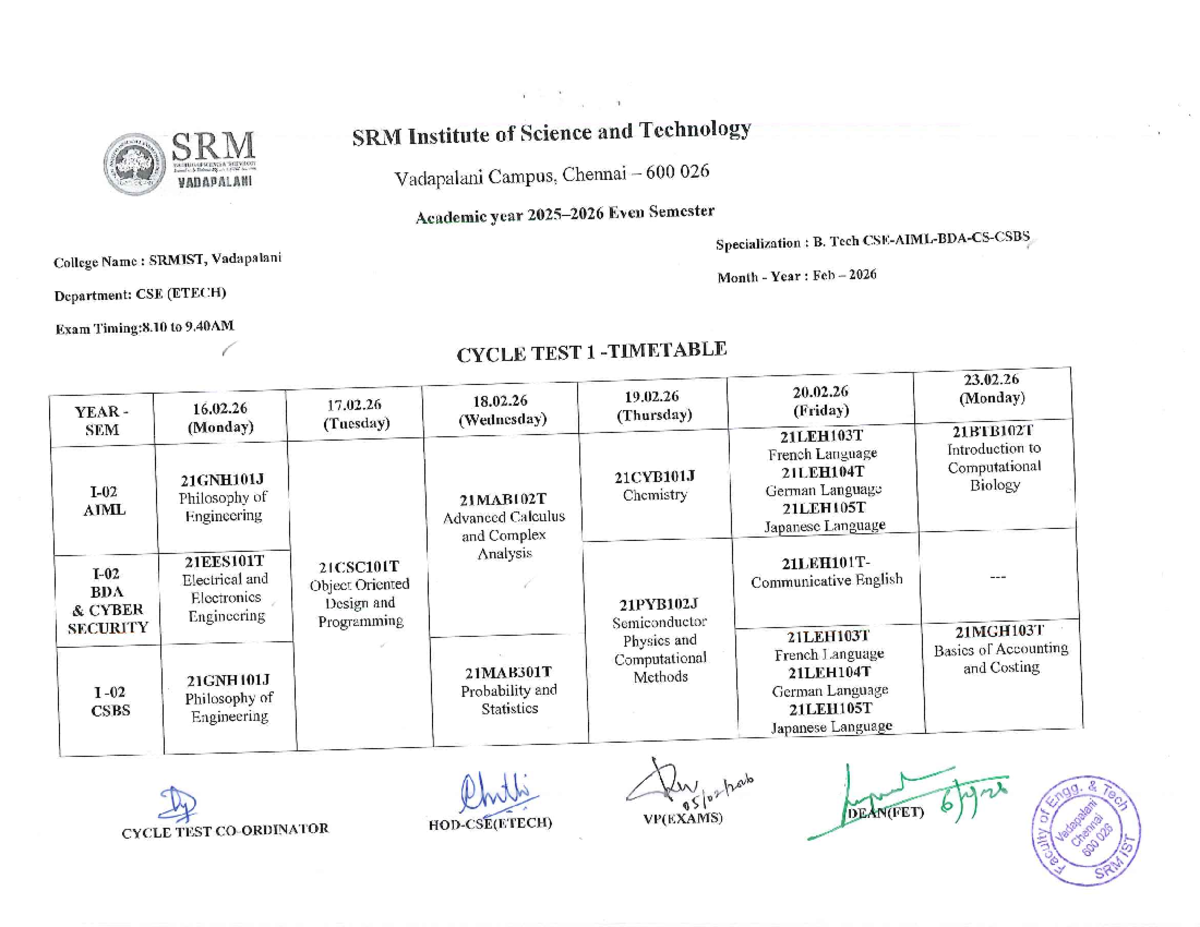 CT01 Time Table - CSE (ETECH) Cycle Test 1 - Feb 2026 - Studocu