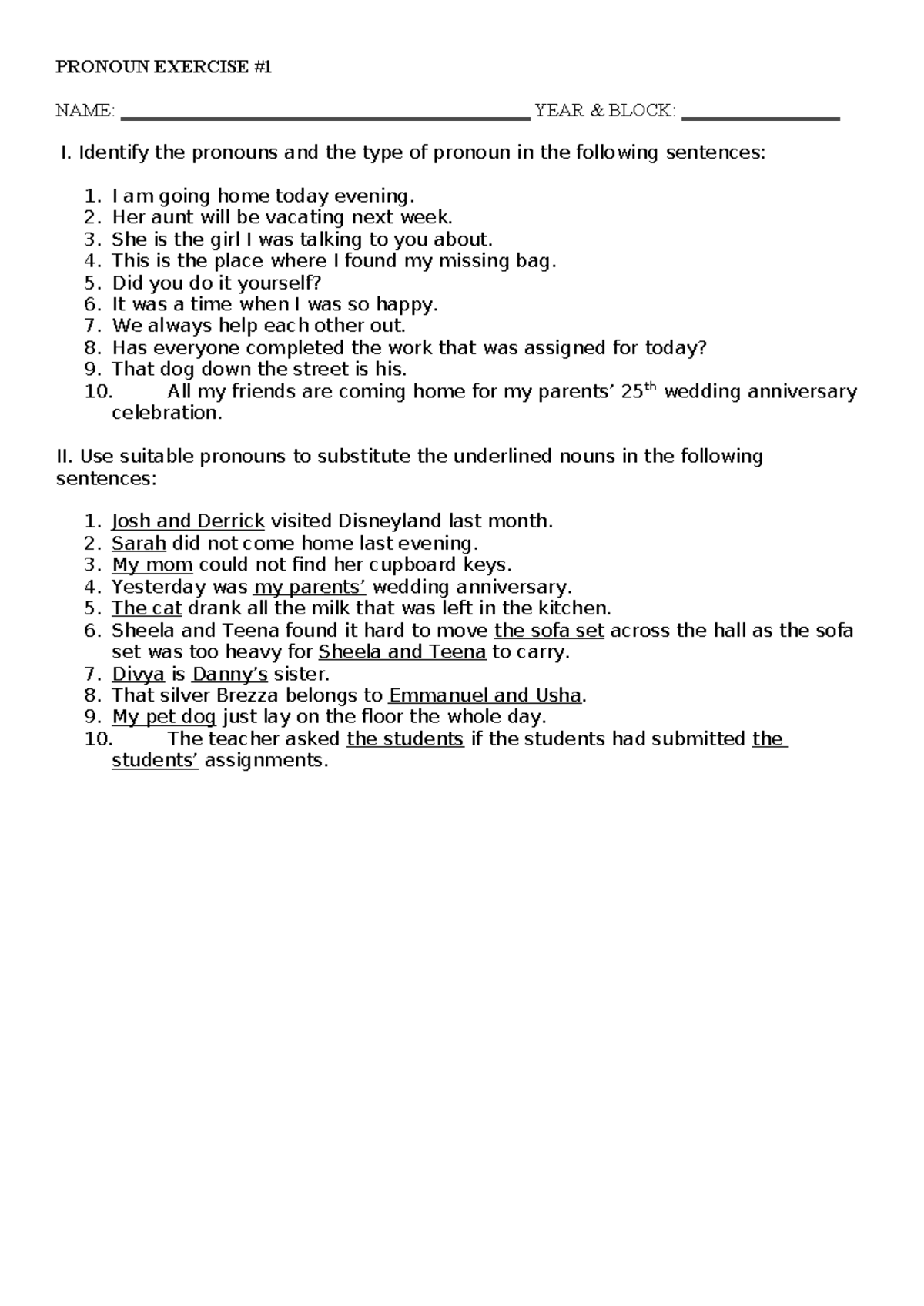 Pronoun Exercise 1 - Practice materials - PRONOUN EXERCISE NAME: - Studocu