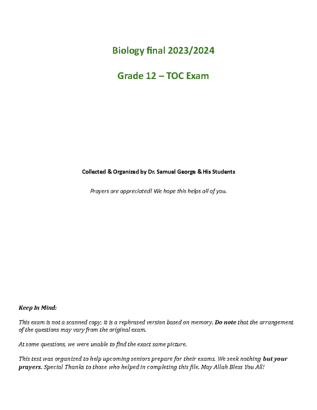 Biology Grade 12 Final Exam TOC 2024 - Organized Study Guide - Studocu