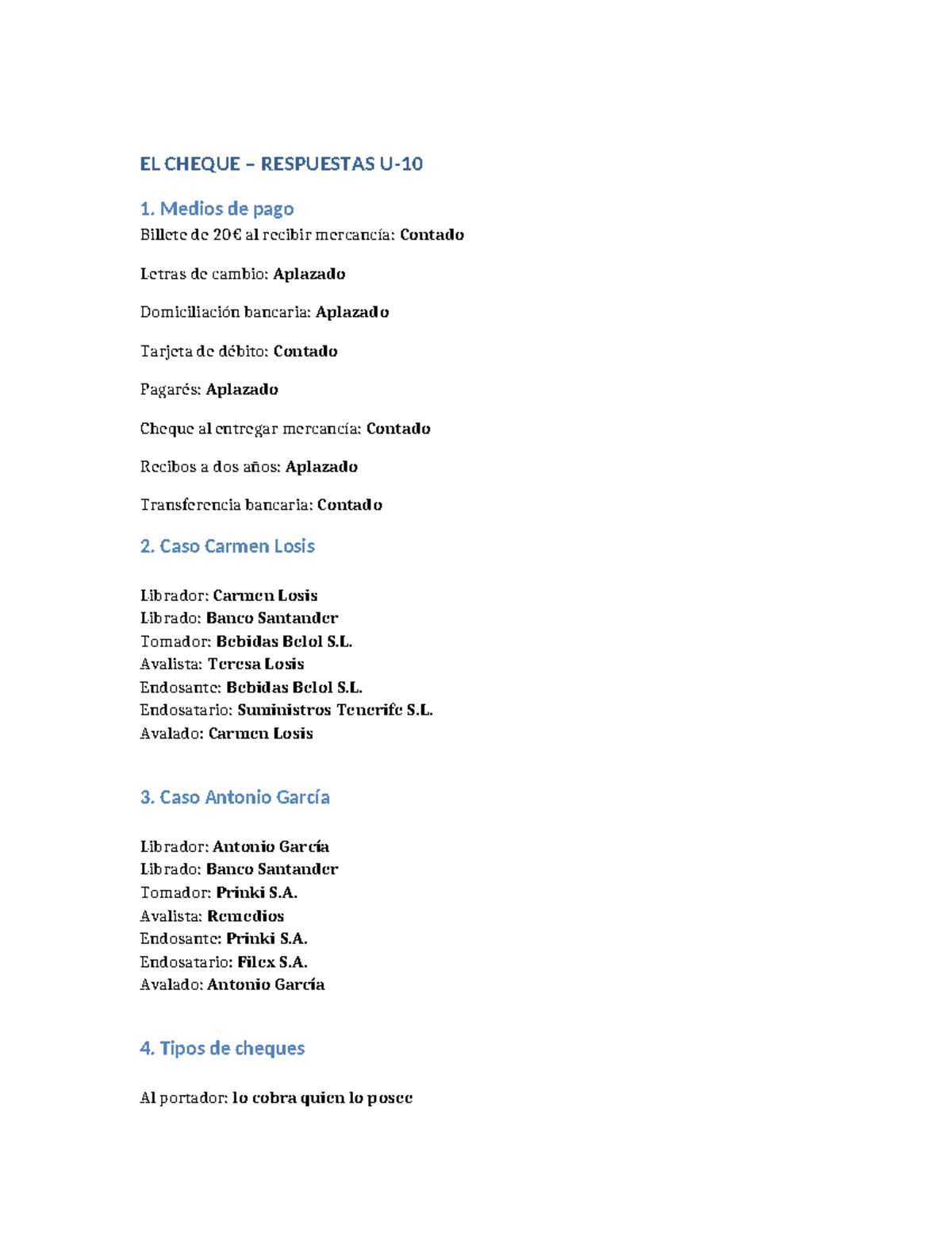 Cheque U10 Resuelto: Medios de Pago y Casos Prácticos - Studocu