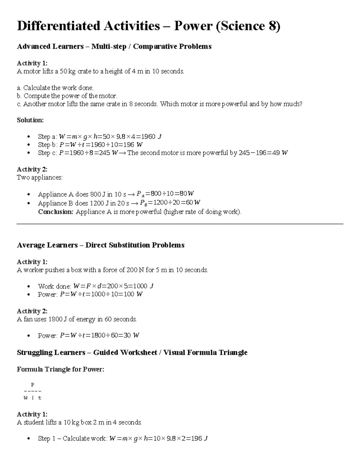 Differentiated Activities on Power (Science 8) for All Learner Levels ...