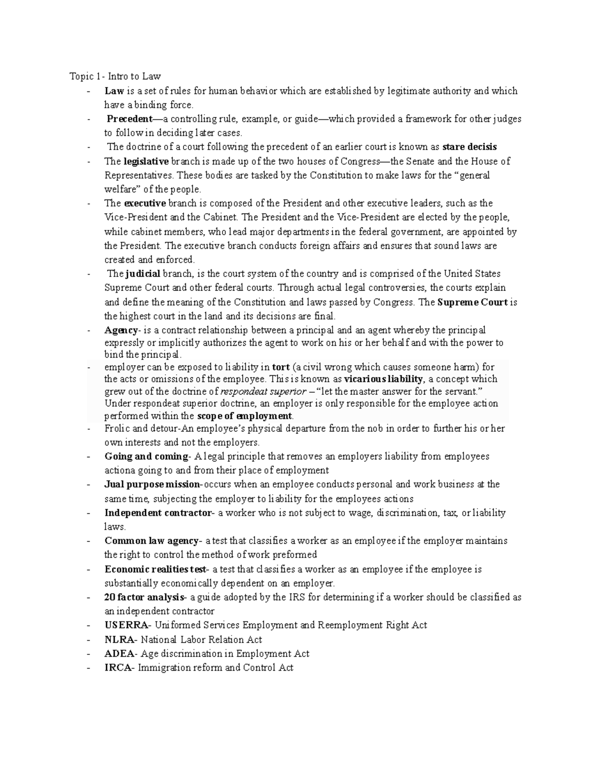 Notes for Employment Law - Topic 1- Intro to Law - Law is a set of ...