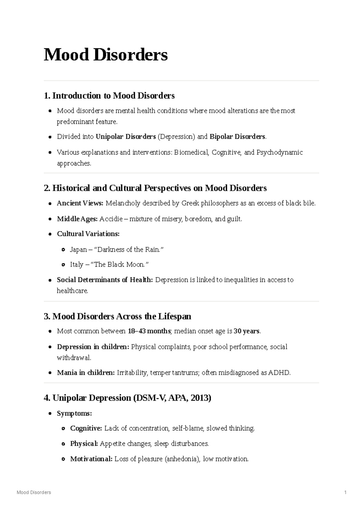 Mood Disorders Notes: Overview, Causes, and Treatment Approaches - Studocu