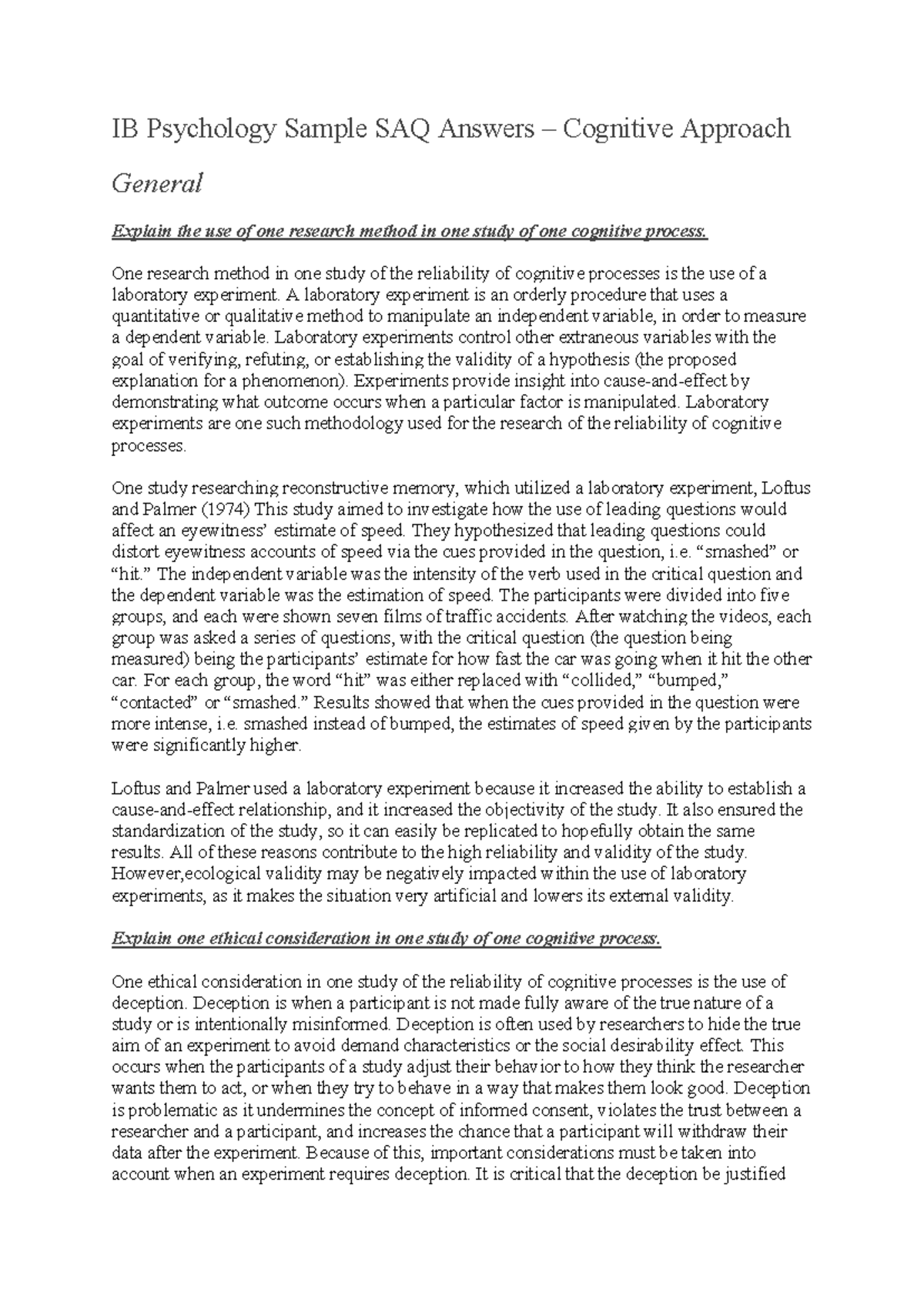 IB Psychology Sample SAQ Answers - Cognitive Approach - IB Psychology Sample SAQ Answers ...