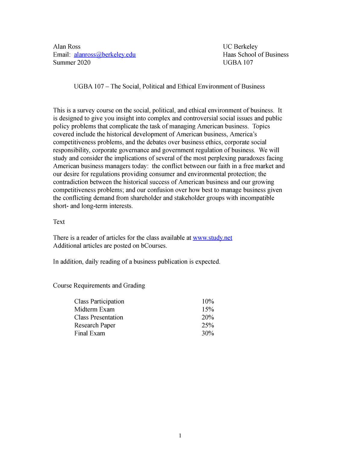 UGBA107 The Social, Political and Ethical Environment of Business ...