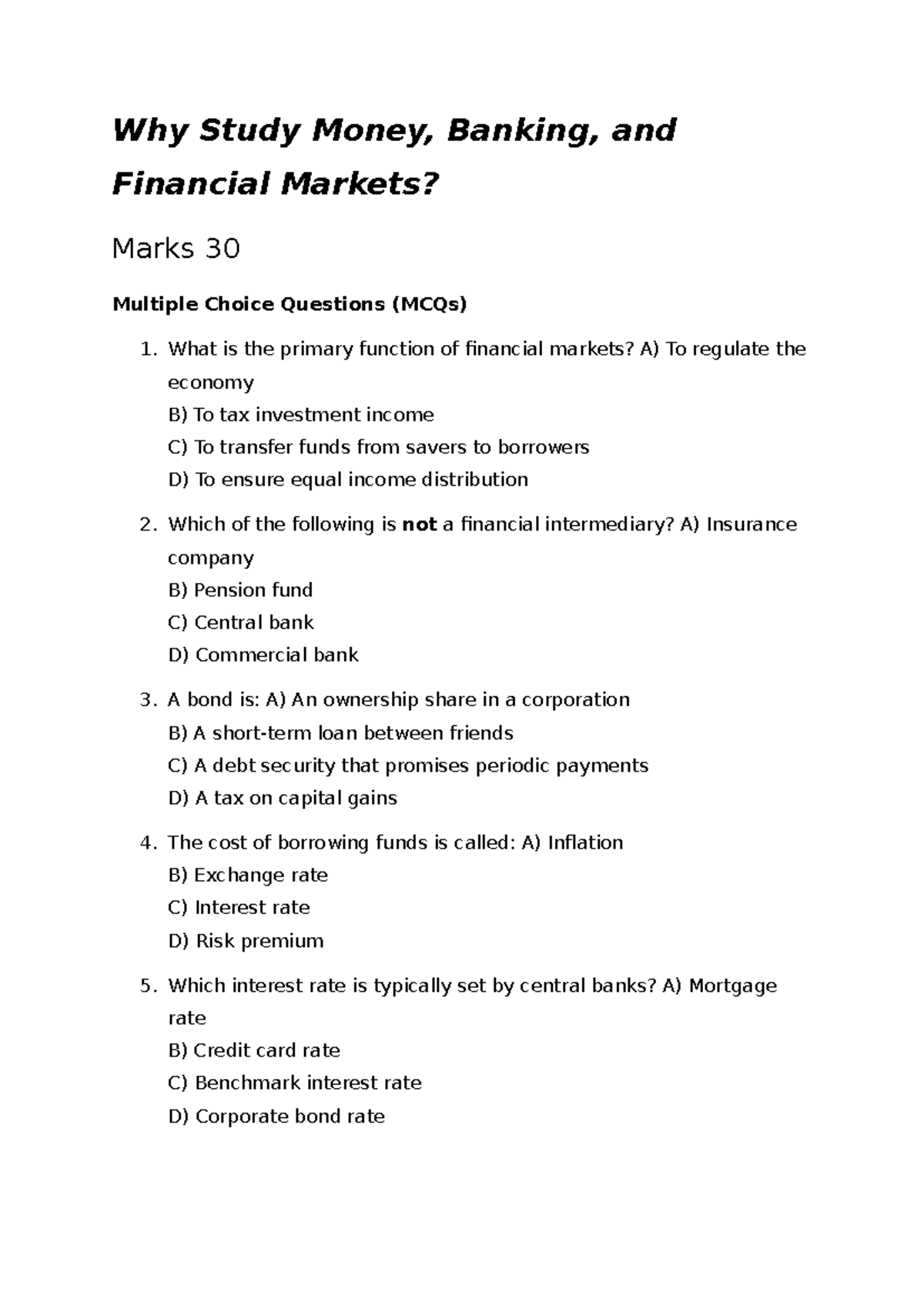 Chapter 1 Why Study Money, Banking, and Financial Markets? - Why Study ...