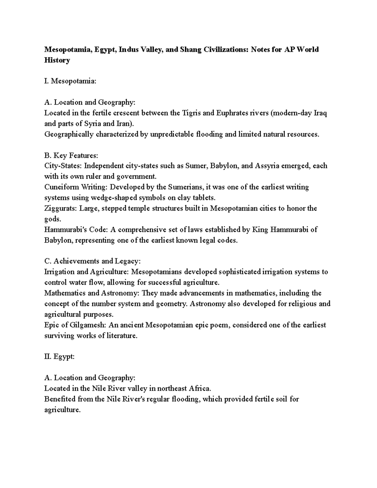 AP World History: Notes on Civilizations of Mesopotamia, Egypt, Indus ...