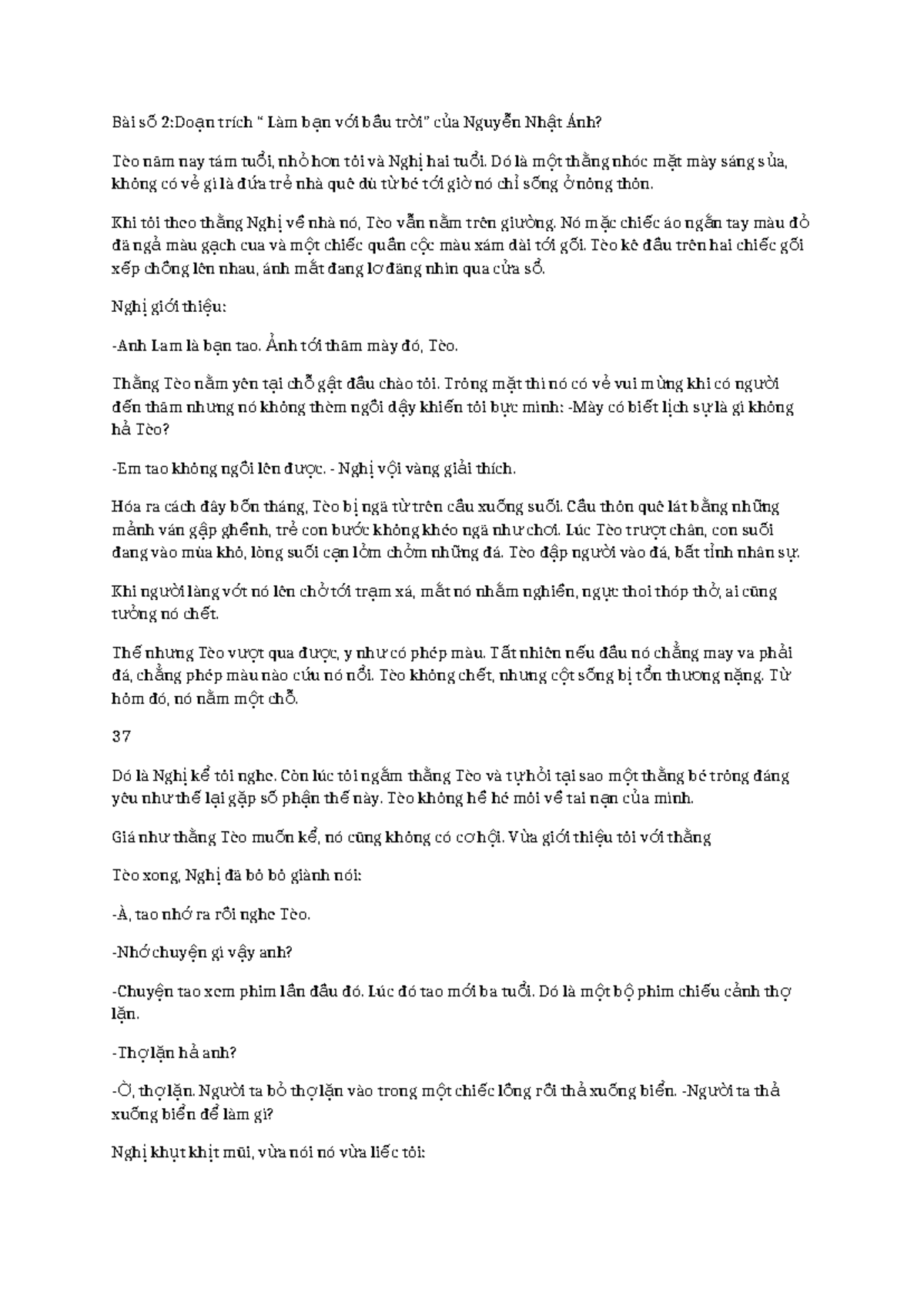 Btddt - kkkk - Bài s ố 2:Đo n trích “ Làm b n v i bạ ạ ớ ầu tr ời” c ủa Nguy ễn Nh ật Ánh? Tèo ...