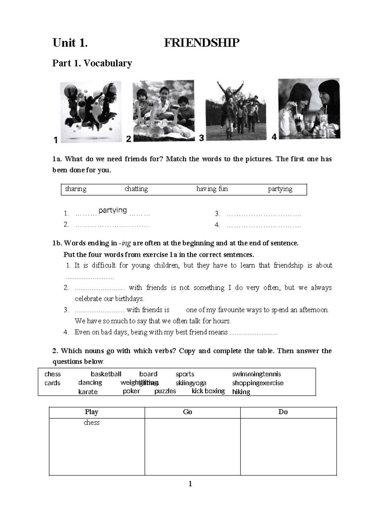 Unit 1. FRIENDSHIP: Vocabulary & Skills Development Activities - Studocu