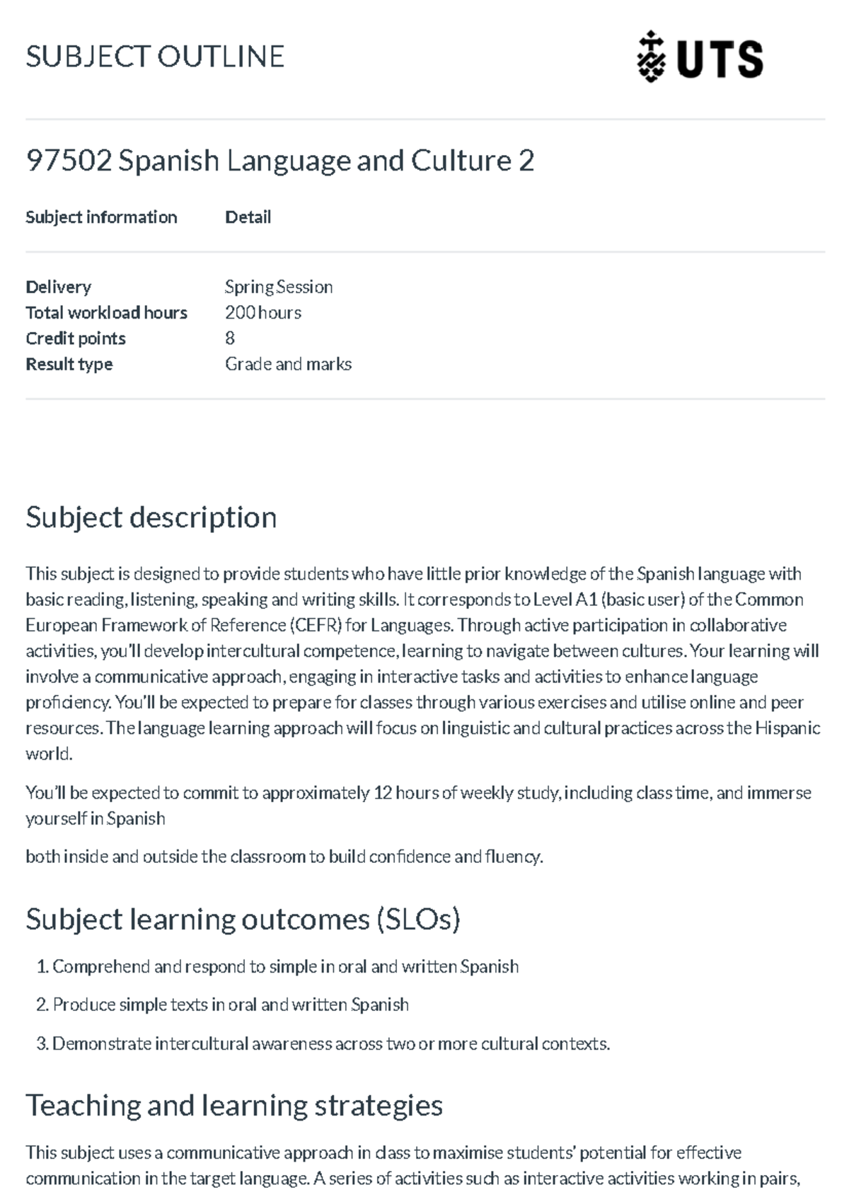 Spanish Language and Culture 2 (97502) Subject Outline and Details ...