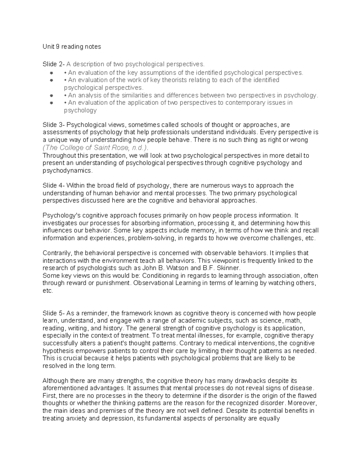 Unit 9 Reading Notes: Evaluating Cognitive & Psychodynamic Perspectives ...