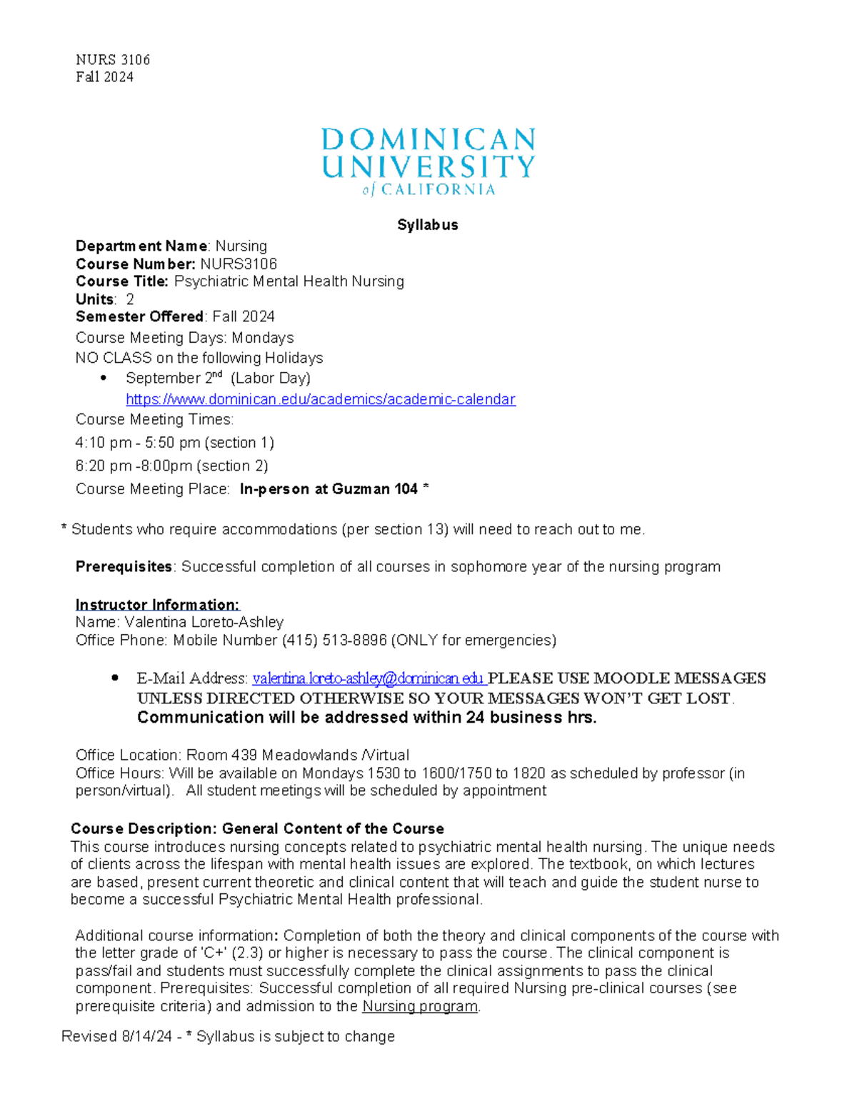 NURS3106 Fall2024 Syllabus and Schedule - Fall 2024 Syllabus Department ...