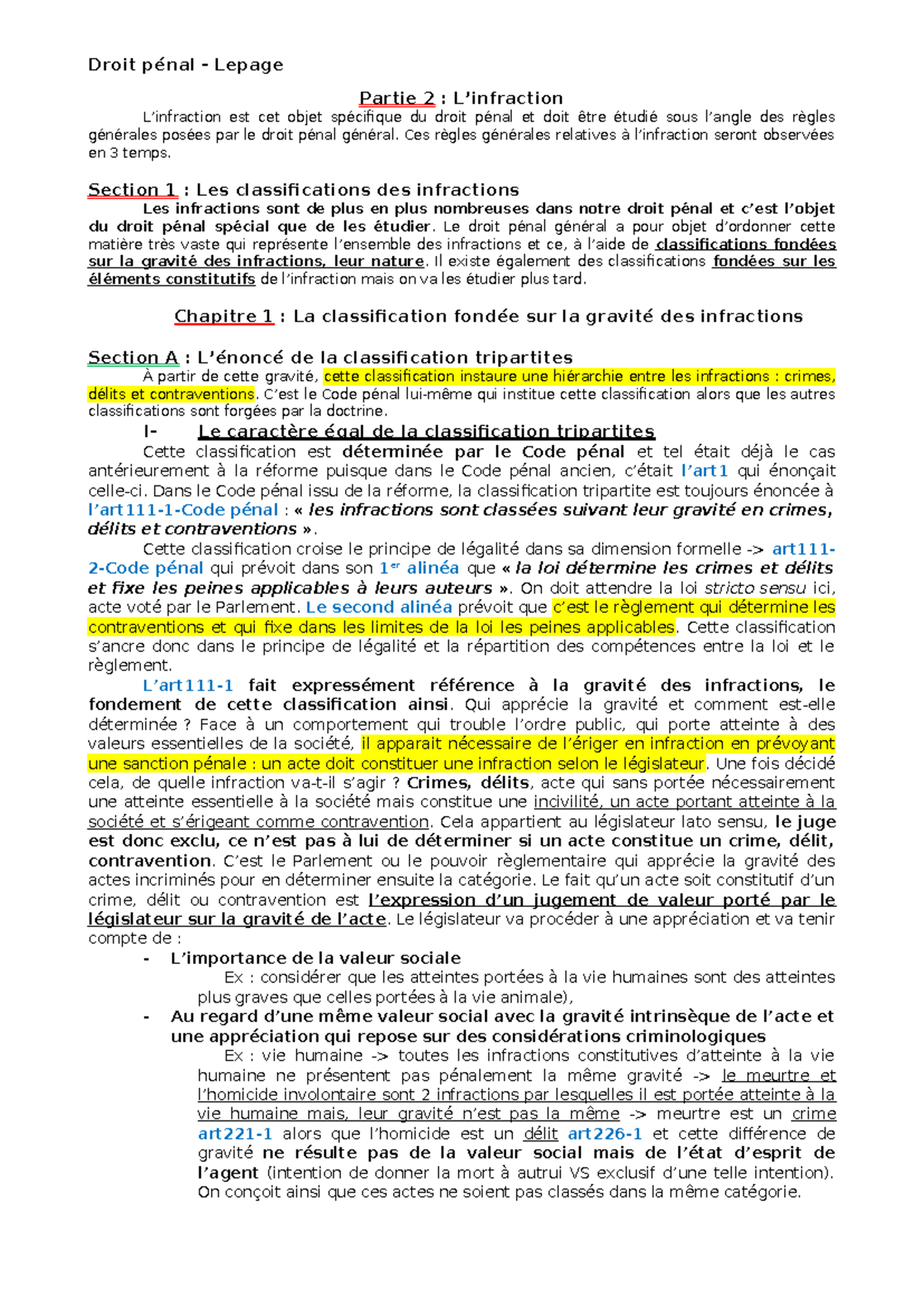 Cours Partie 2 : Classification des Infractions en Droit Pénal - Studocu