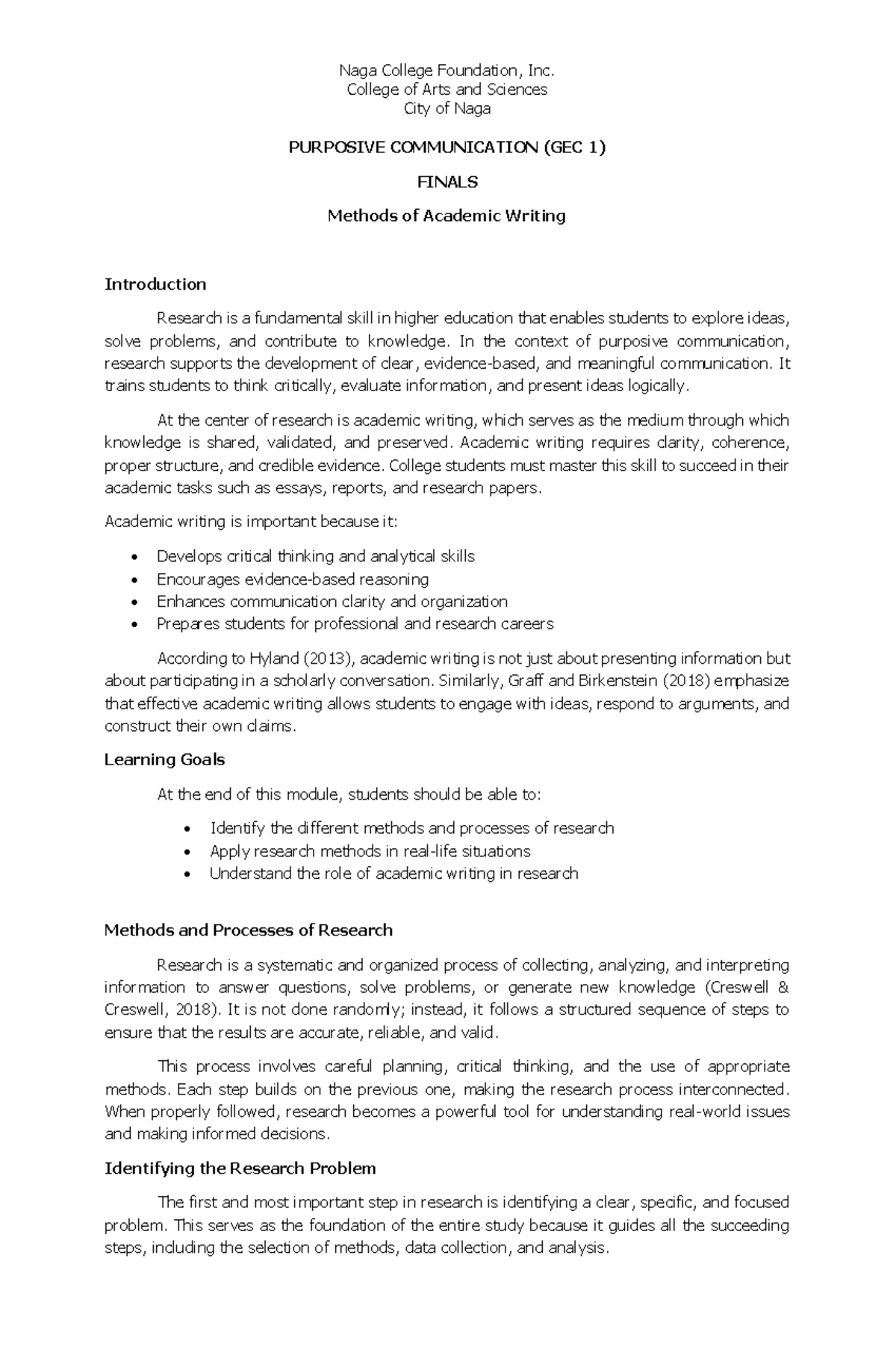 Purposive Communication (GEC 1) Finals: Academic Writing Methods - Studocu