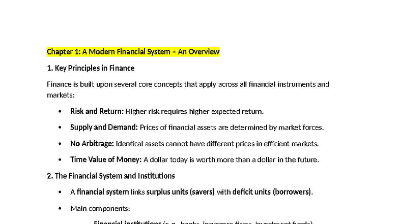 FIM 123: Overview of Modern Financial Systems and Institutions - Studocu