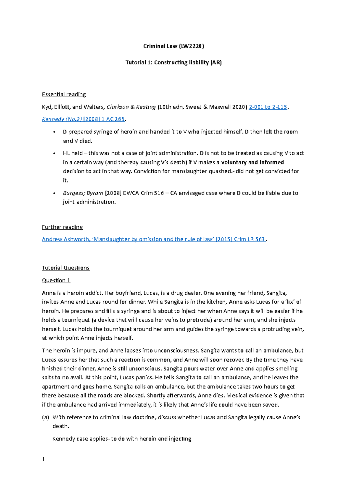 Tutorial 1 (LW2220) - Criminal Law (LW2220) Tutorial 1: Constructing ...