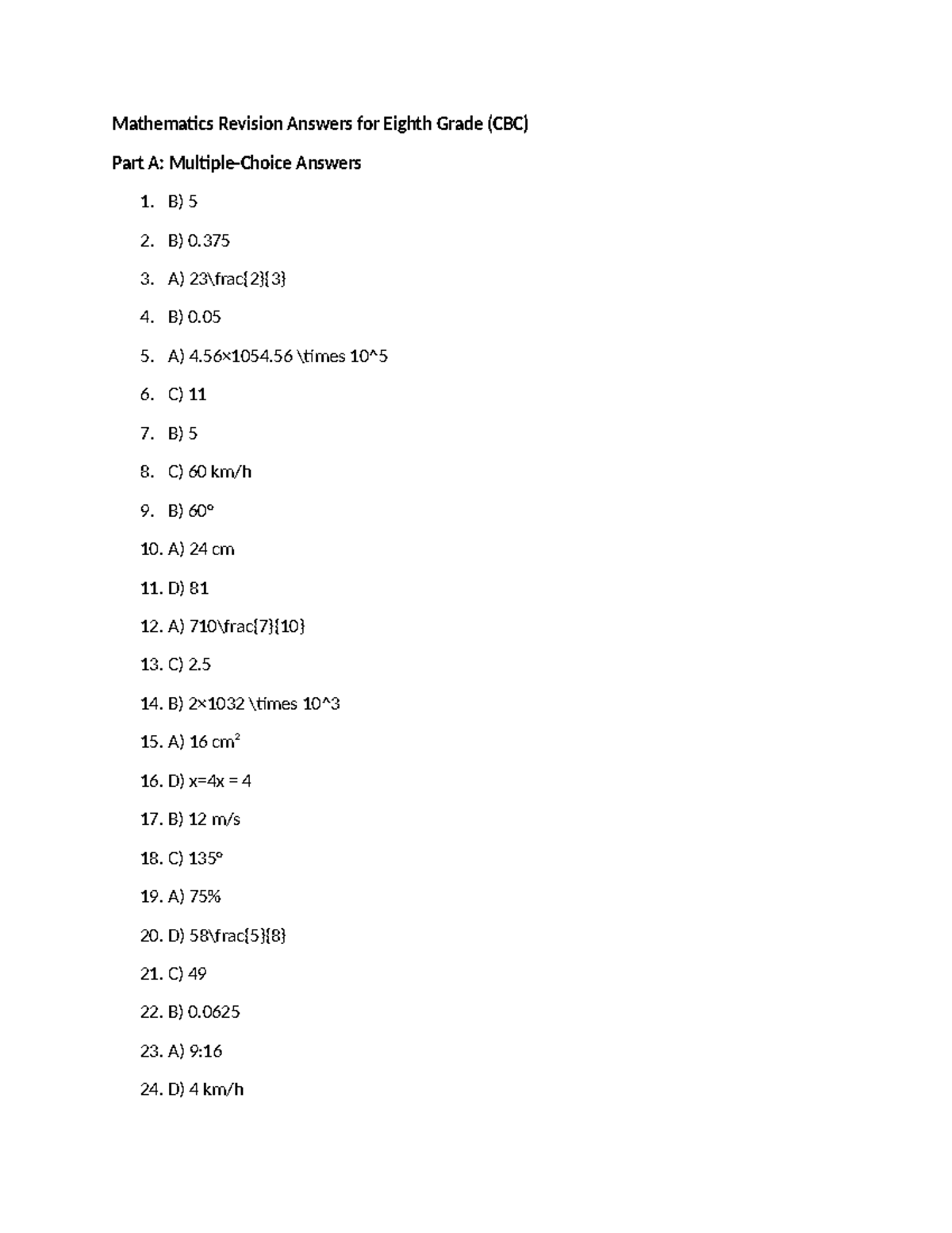 Mathematics Revision Answers for Eighth Grade (CBC) - Part A & B - Studocu