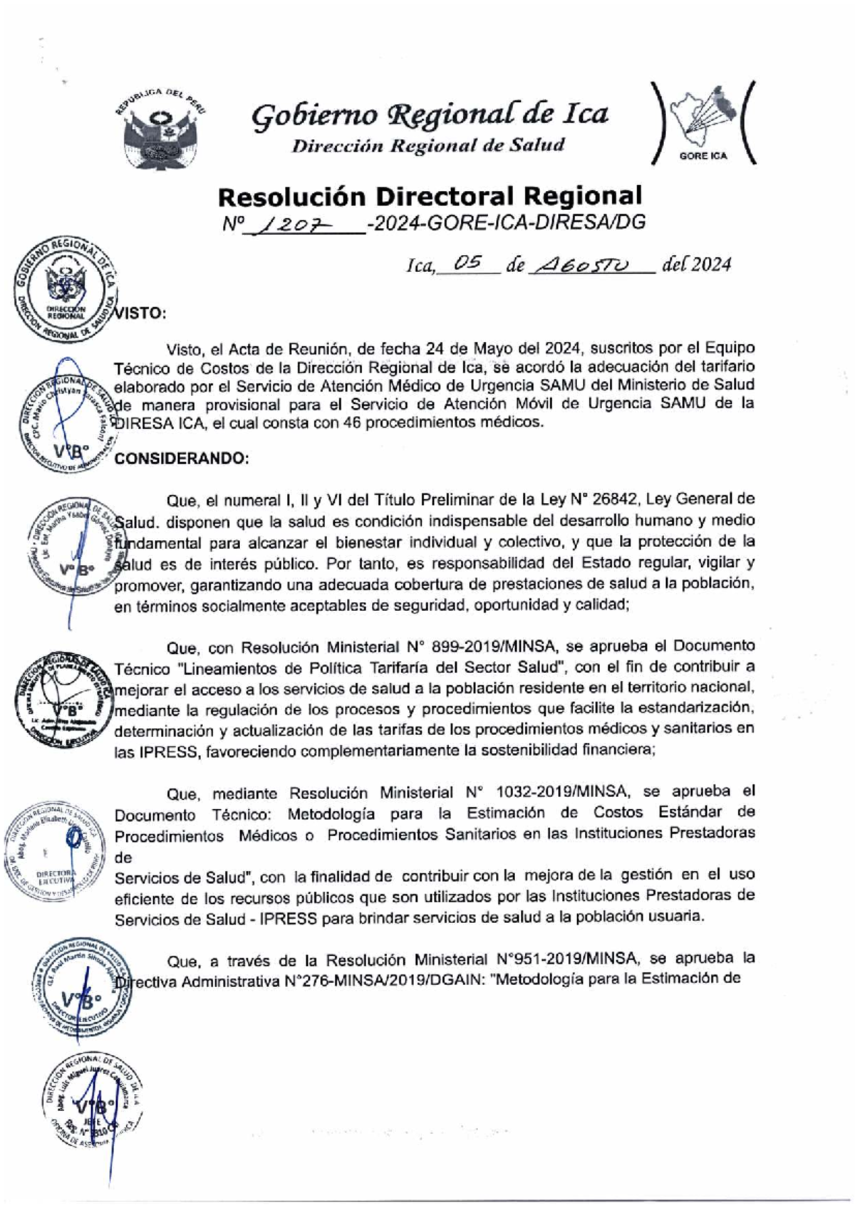 Tarifario SAMU 2024: Resolución Directoral Regional 1207 - GORE ICA ...